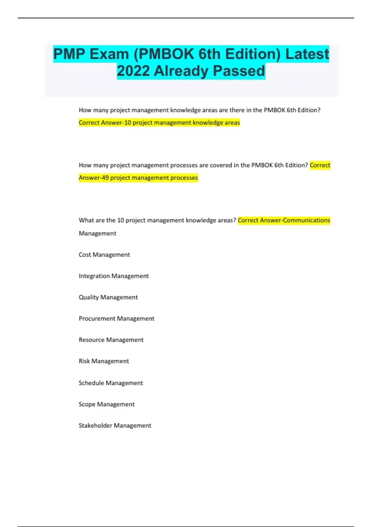 PMP Exam (PMBOK 6th Edition) Latest 2022 Already Passed - PMP - Stuvia US