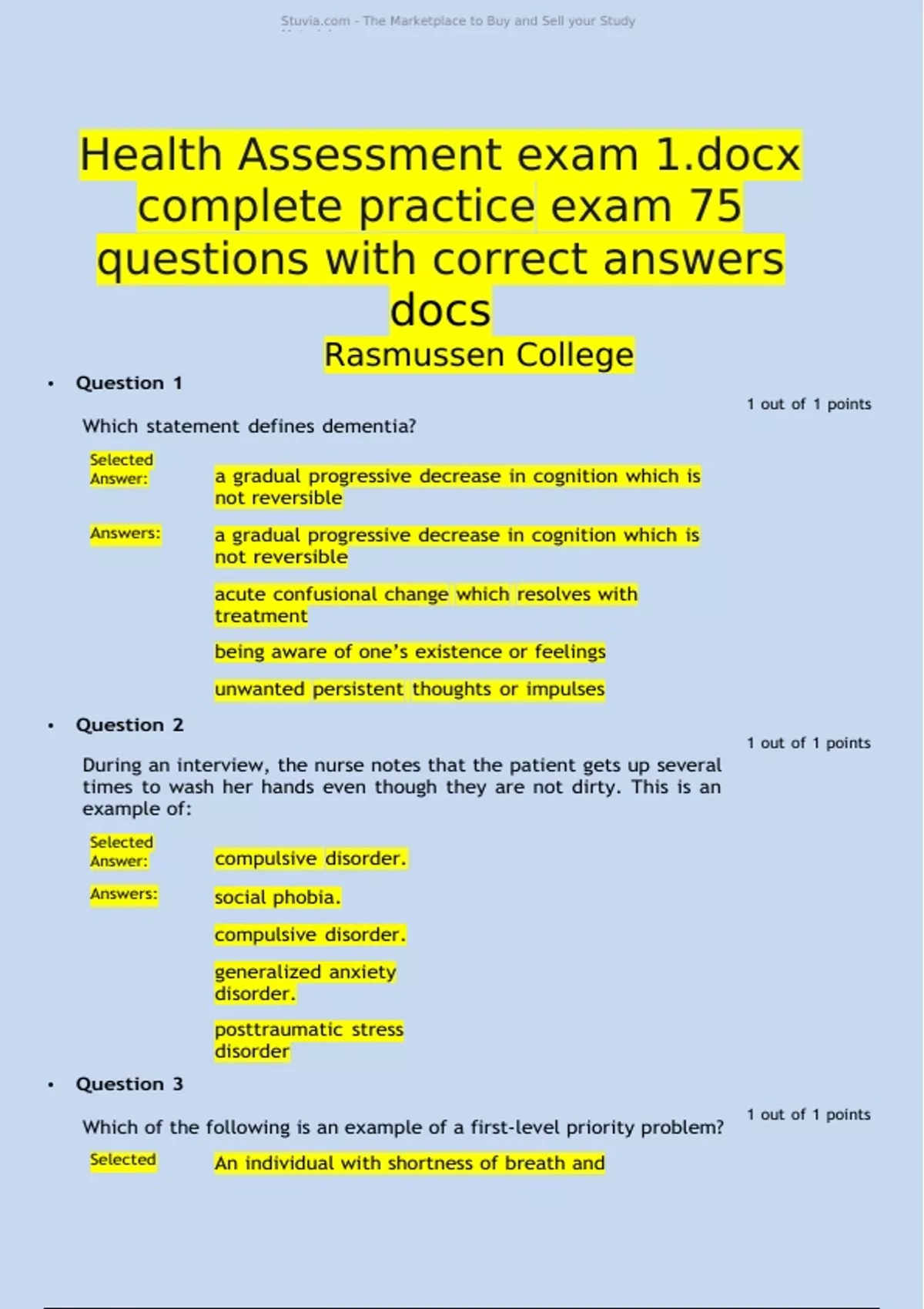 Health Assessment exam 1.docx complete practice exam 75 questions with ...