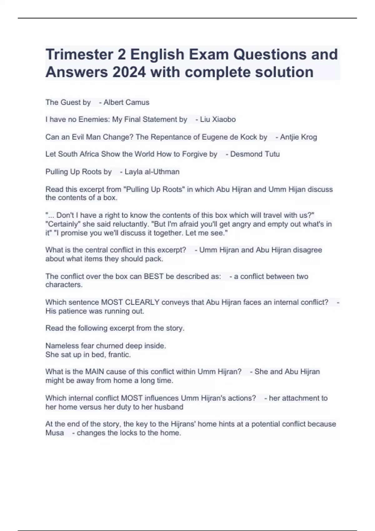 Trimester 2 English Exam Questions and Answers 2024 with complete ...