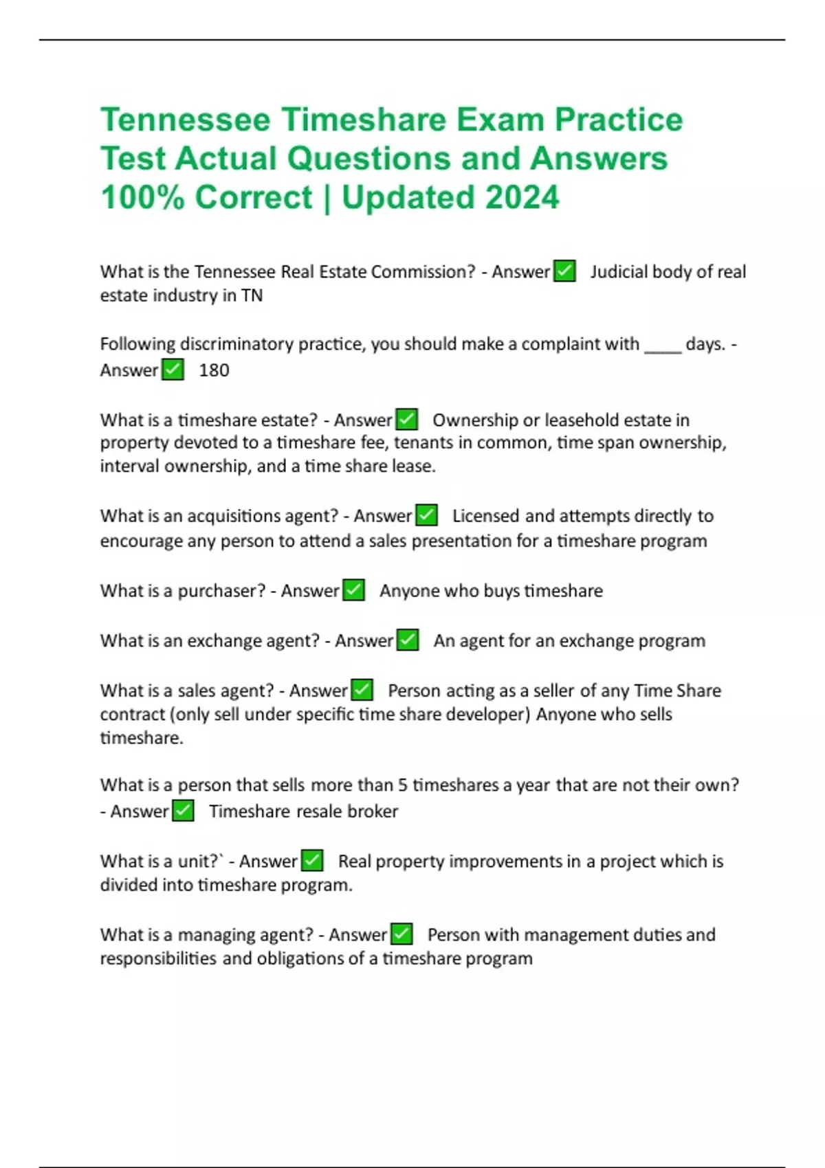 Tennessee Timeshare Exam Practice Test Actual Questions and Answers 100 ...