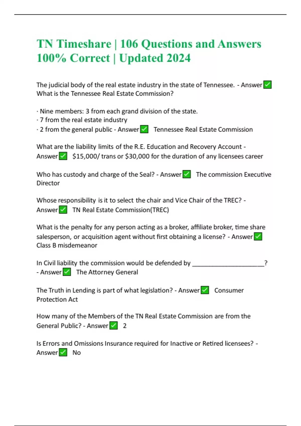 TN Timeshare | 106 Questions and Answers 100% Correct | Updated 2024 ...