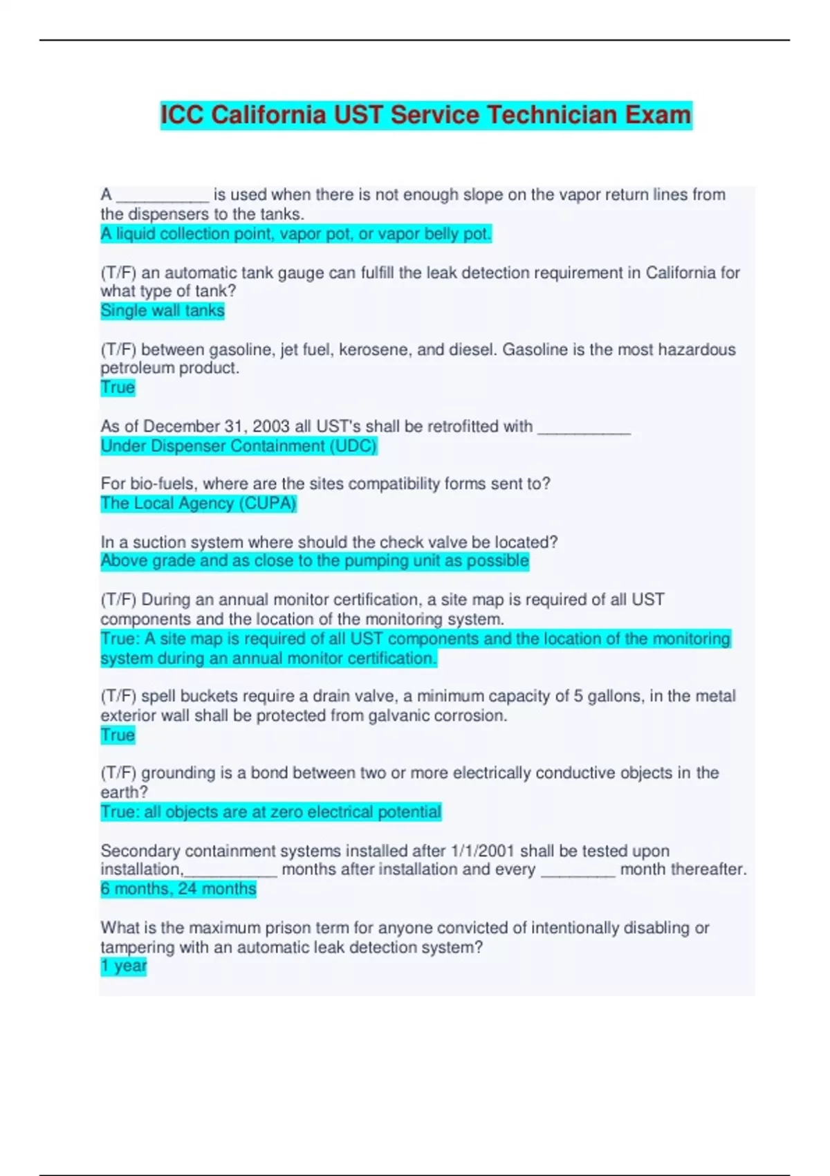 ICC California UST Service Technician Exam - Questions and Answers - UST Service Technician ...