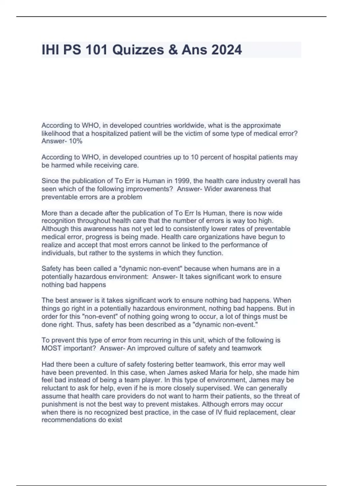 IHI PS 101 Quizzes & Ans 2024 - IHI PS 101 - Stuvia US