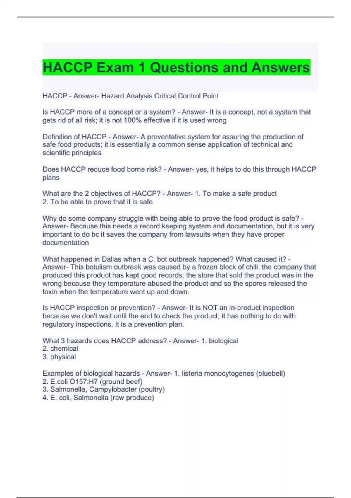 HACCP Exam 1 Questions and Answers - HACCP - Stuvia US