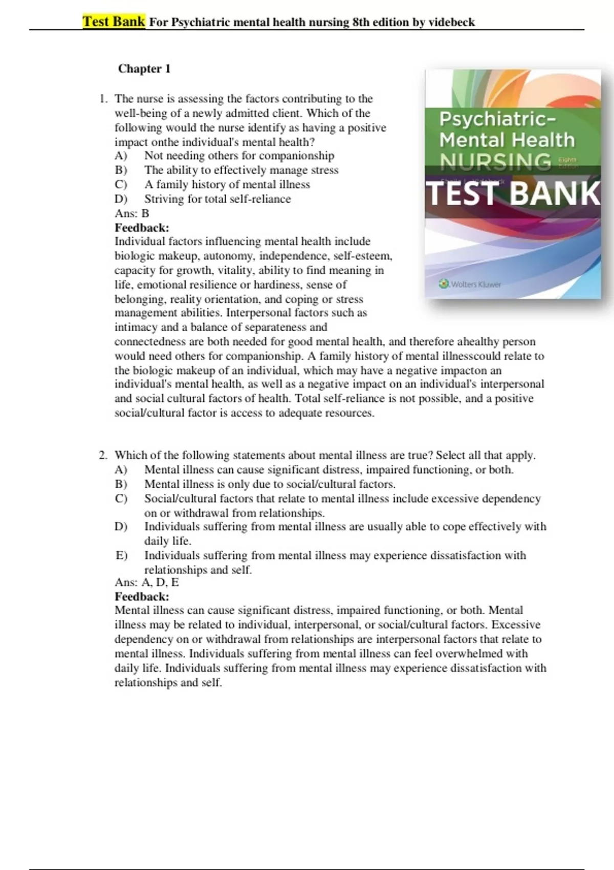 Test Bank For Psychiatric-Mental Health Nursing 8th Edition by Sheila L ...