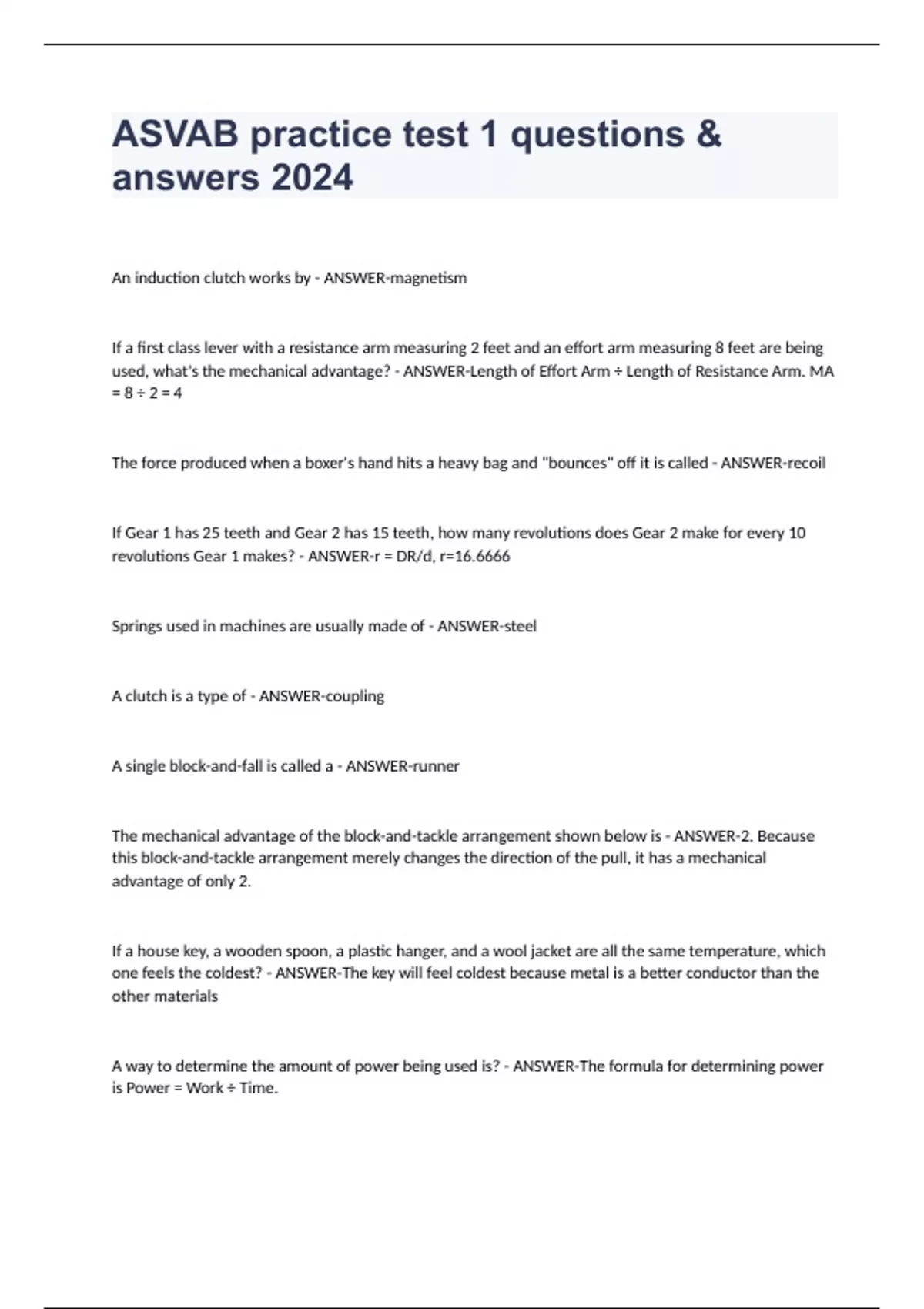 ASVAB practice test 1 questions & answers 2024 - ASVAB - Stuvia US