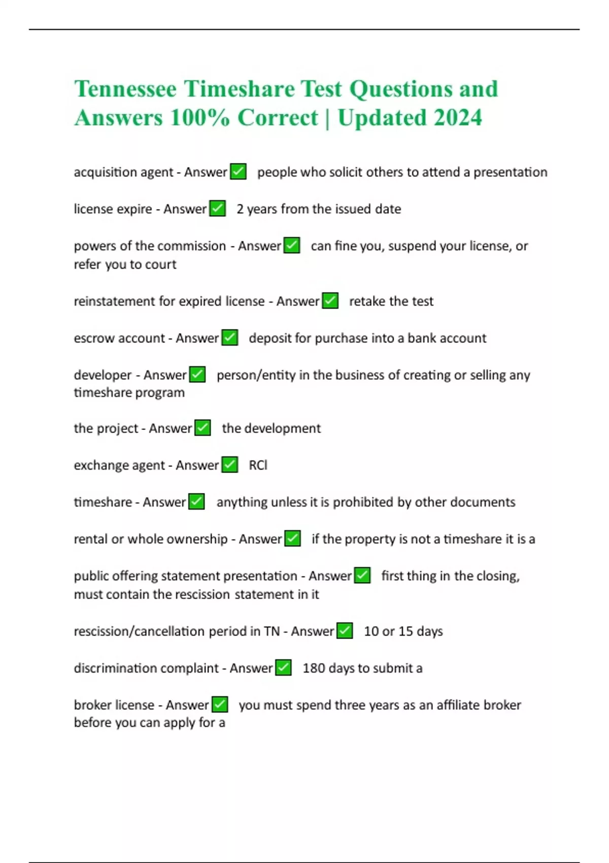 Tennessee Timeshare Test Questions and Answers 100% Correct | Updated ...