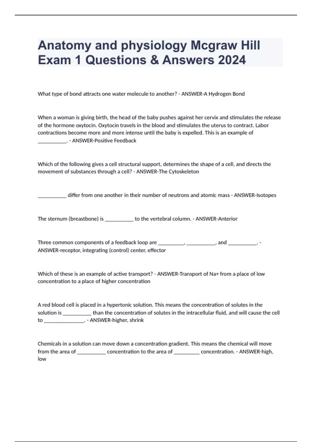 Anatomy and physiology Mcgraw Hill Exam 1 Questions & Answers 2024 - Anatomy and physiology ...