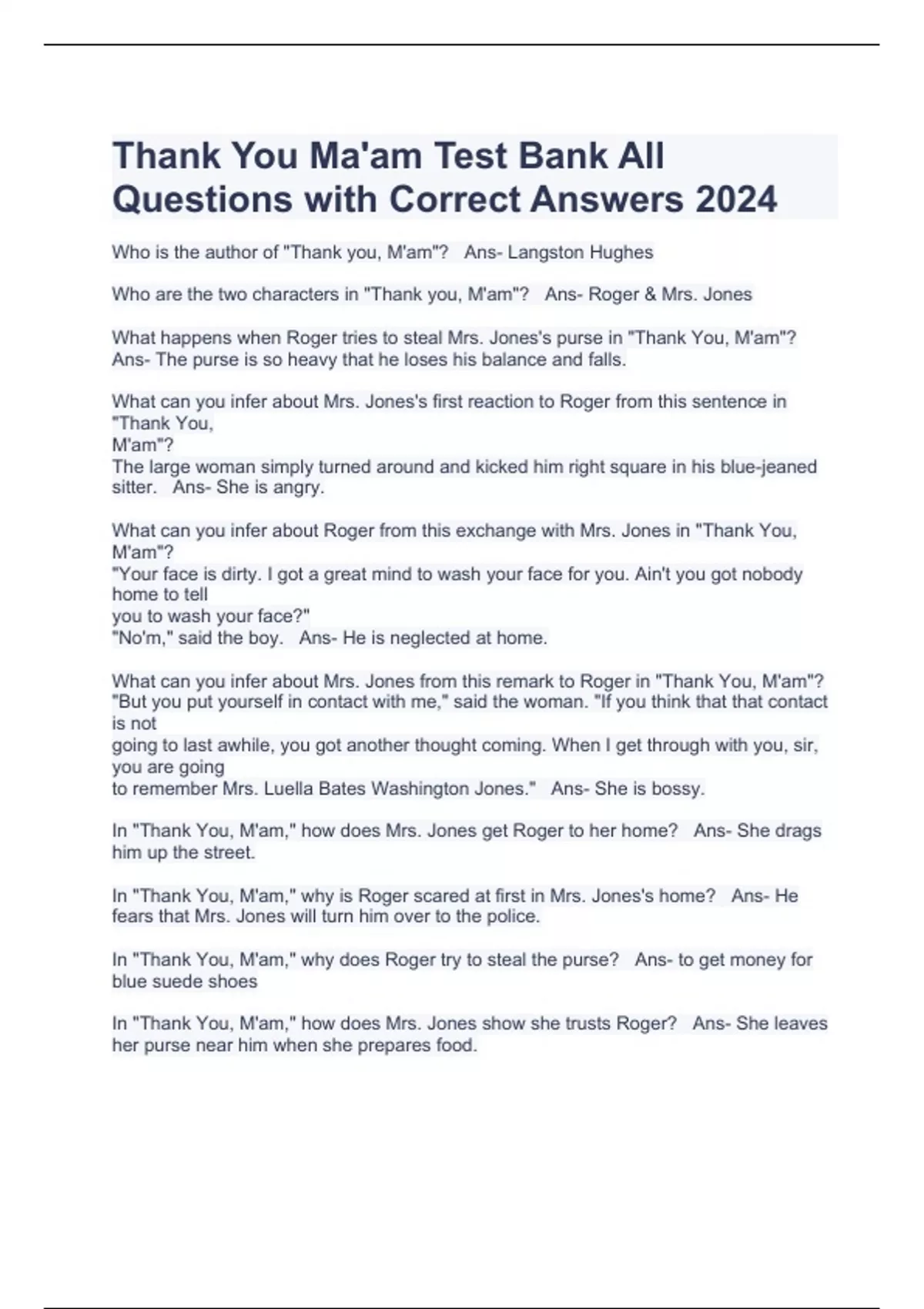 Thank You Ma'am Test Bank All Questions with Correct Answers 2024 ...