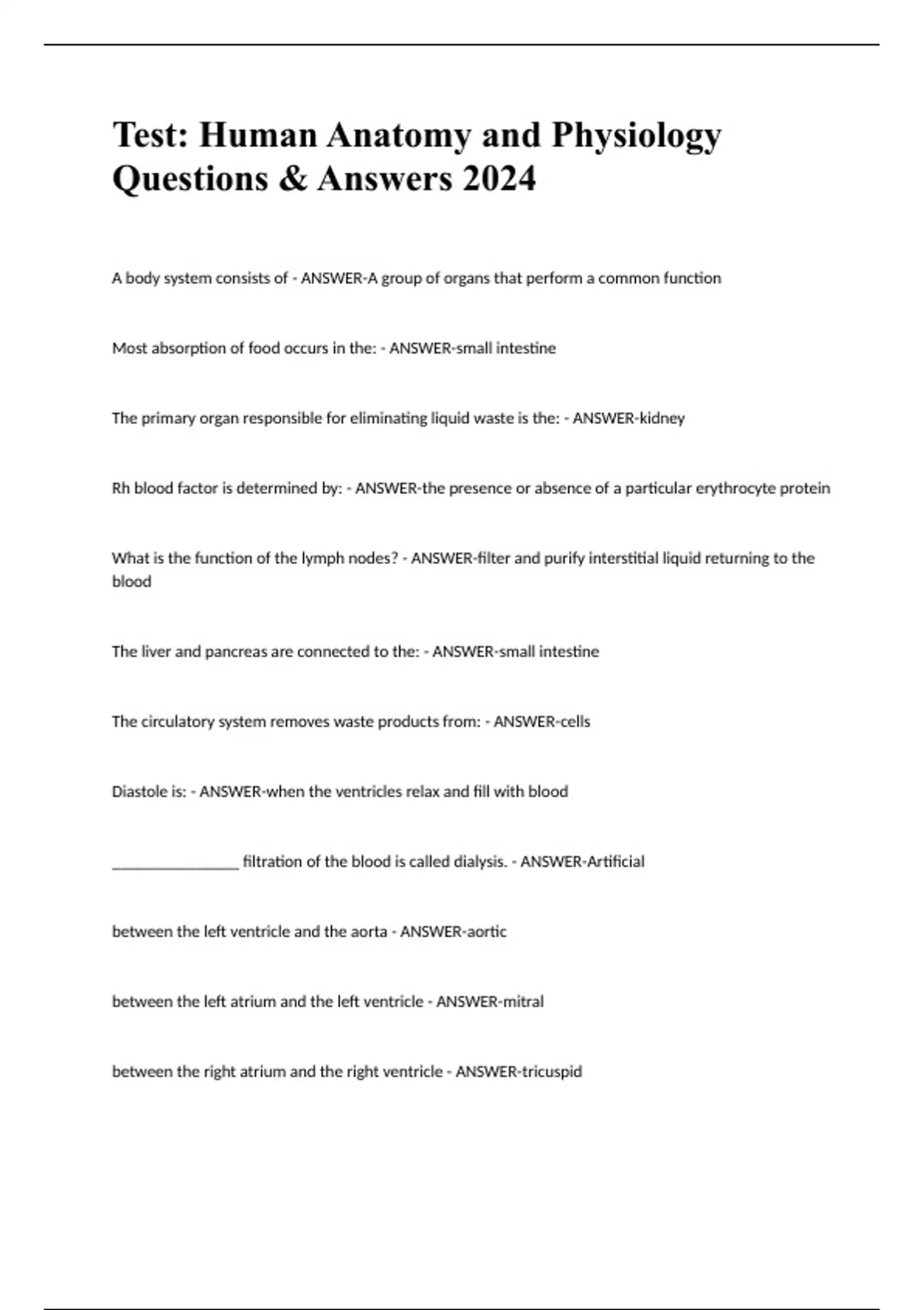 Test: Human Anatomy and Physiology Questions & Answers 2024 - Human ...