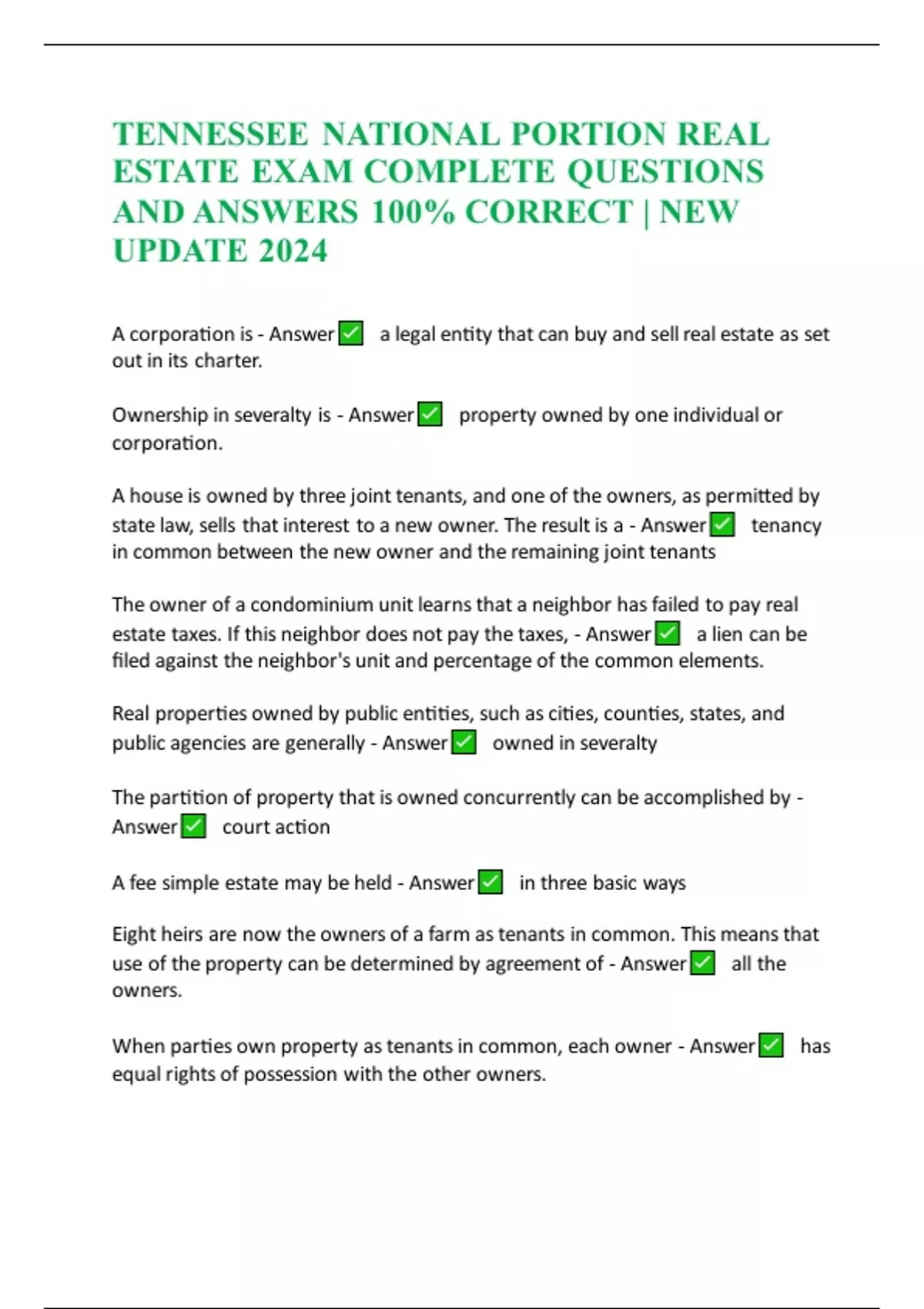 TENNESSEE NATIONAL PORTION REAL ESTATE EXAM COMPLETE QUESTIONS AND ...