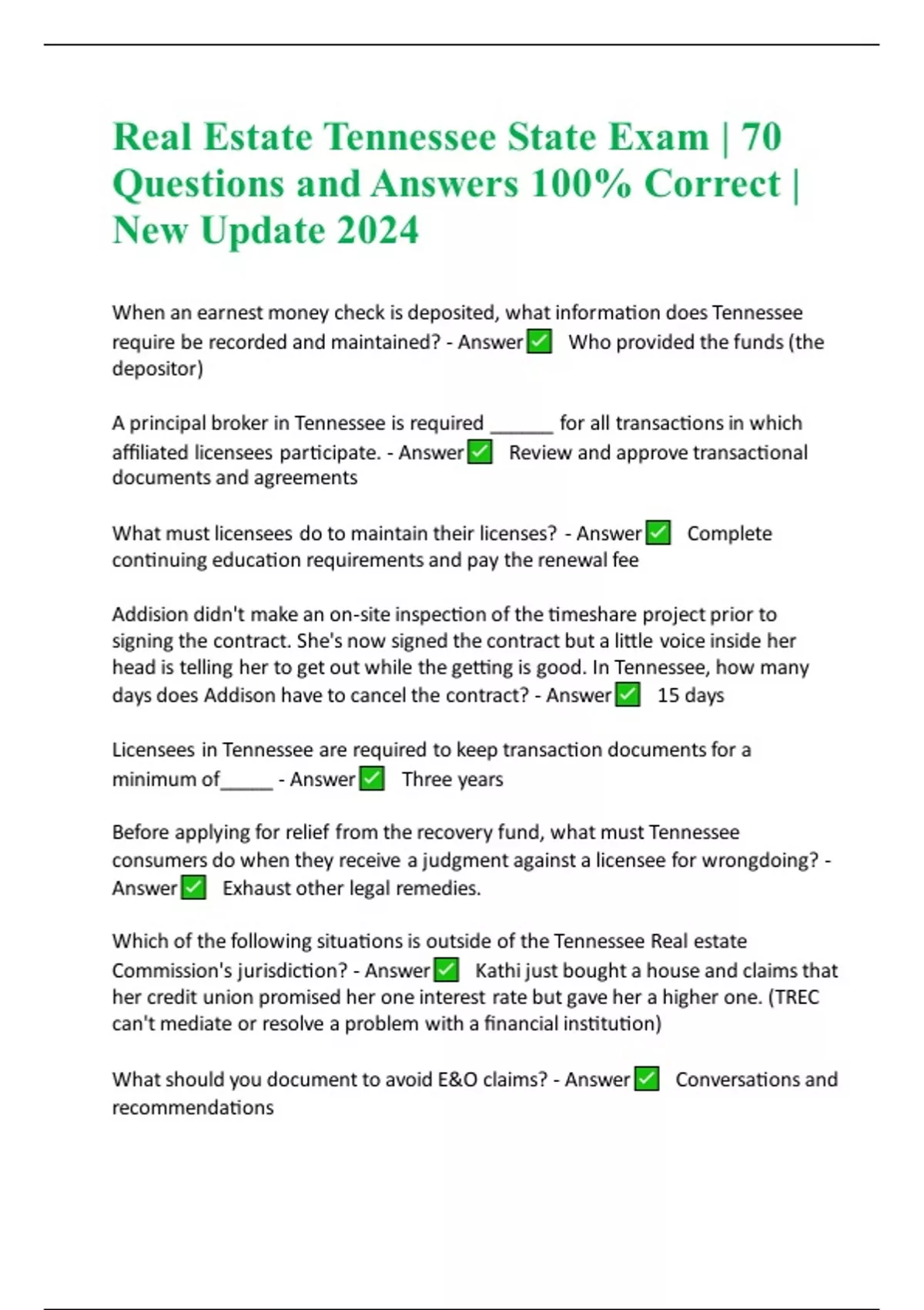 Real Estate Tennessee State Exam | 70 Questions and Answers 100% ...