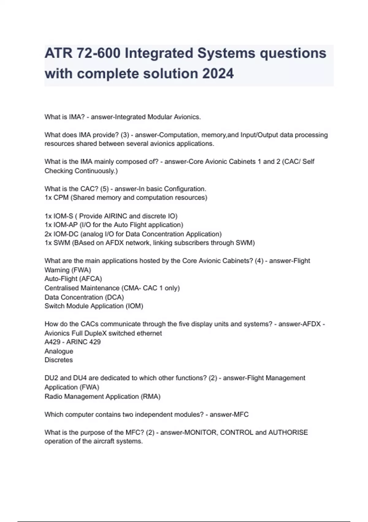 ATR 72-600 Integrated Systems questions with complete solution 2024 ...