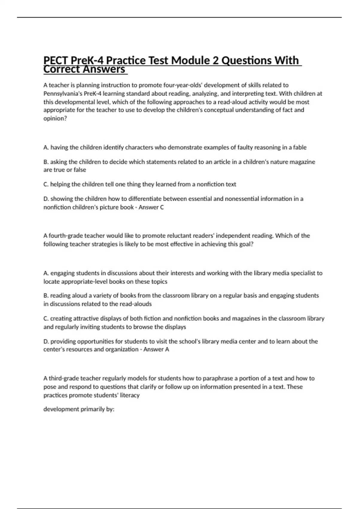 PECT PreK-4 Practice Test Module 2 Questions With Correct Answers ...