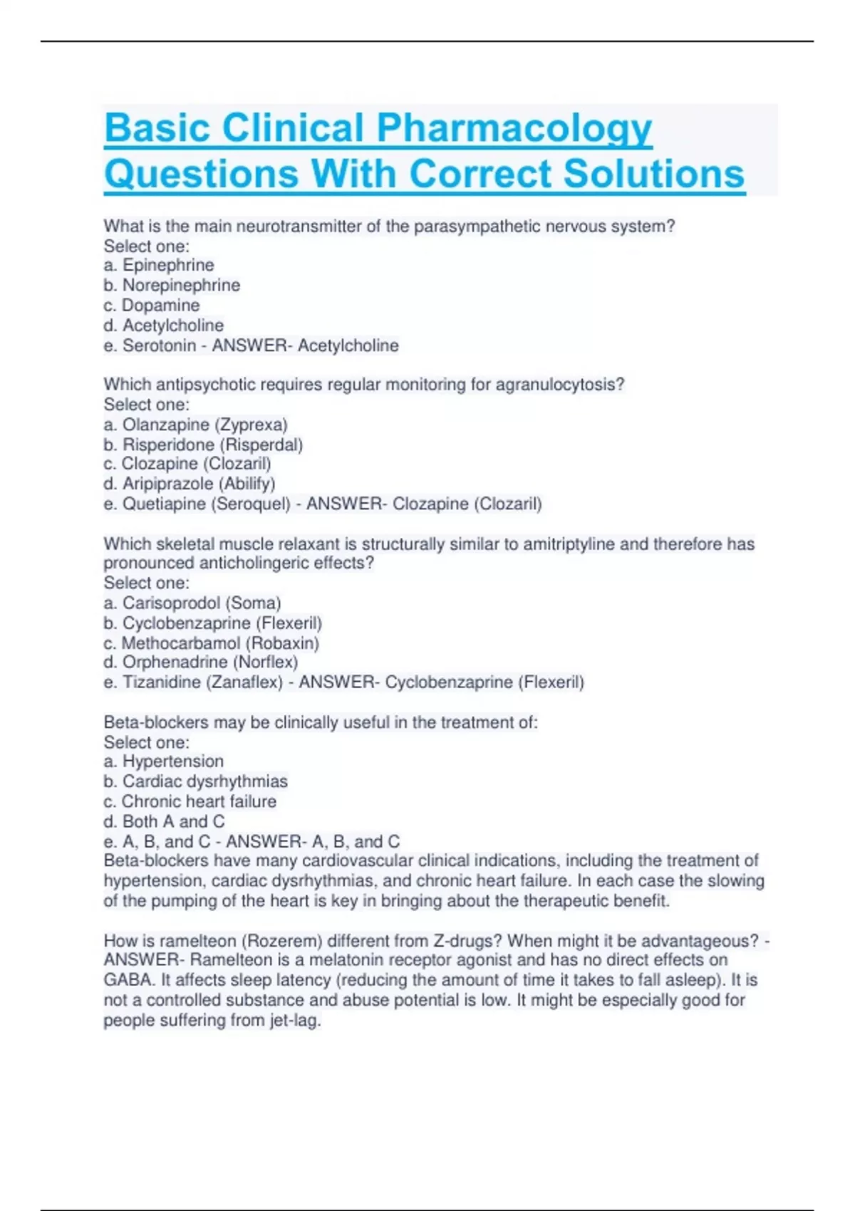 Basic Clinical Pharmacology Questions With Correct Solutions - Basic Clinical - Stuvia US