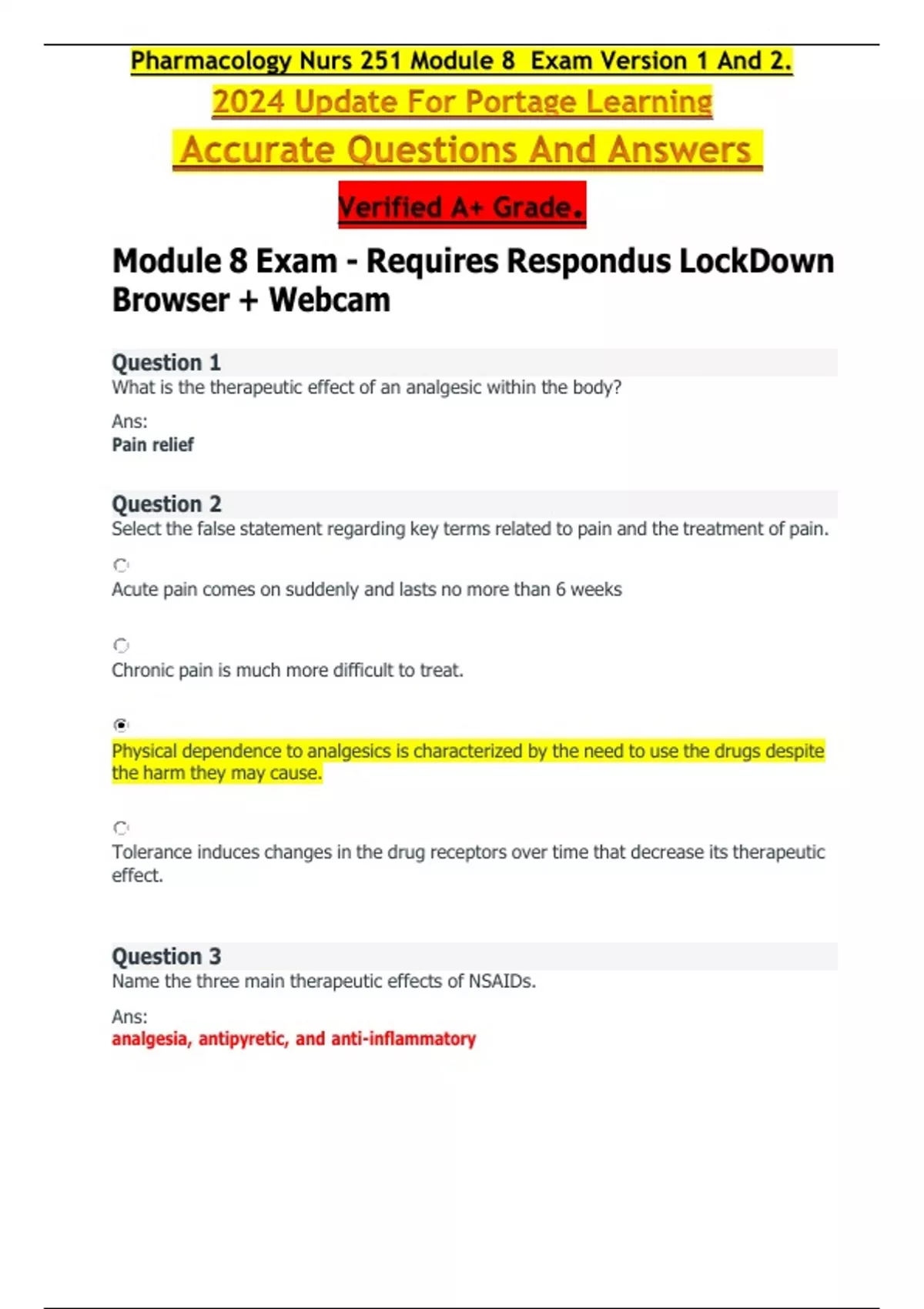 Pharmacology Nurs 251 Module 8 Exam Version 1 And 2. 2024 Update For Portage Learning Accurate ...