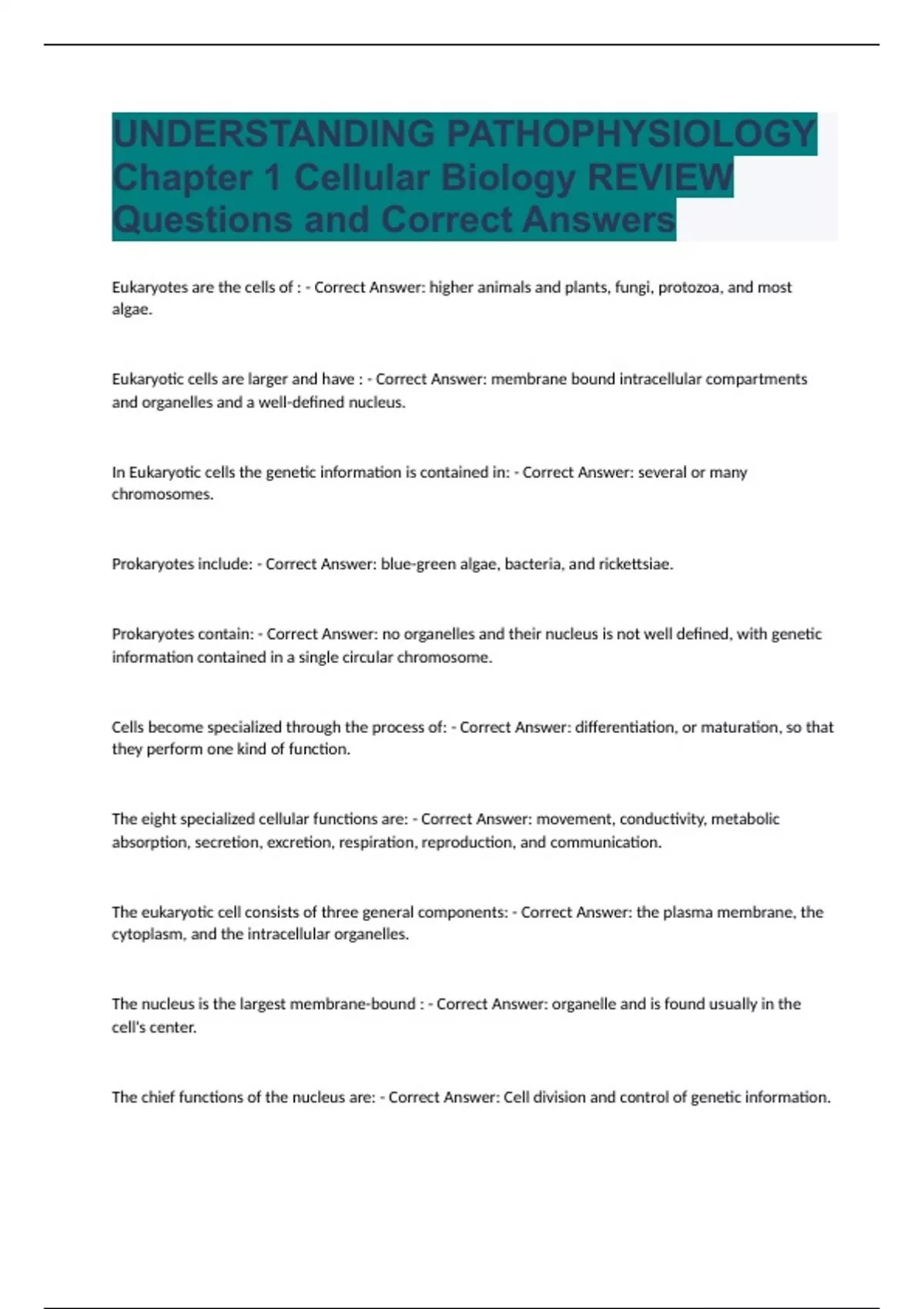 UNDERSTANDING PATHOPHYSIOLOGY Chapter 1 Cellular Biology REVIEW Questions - Understanding ...