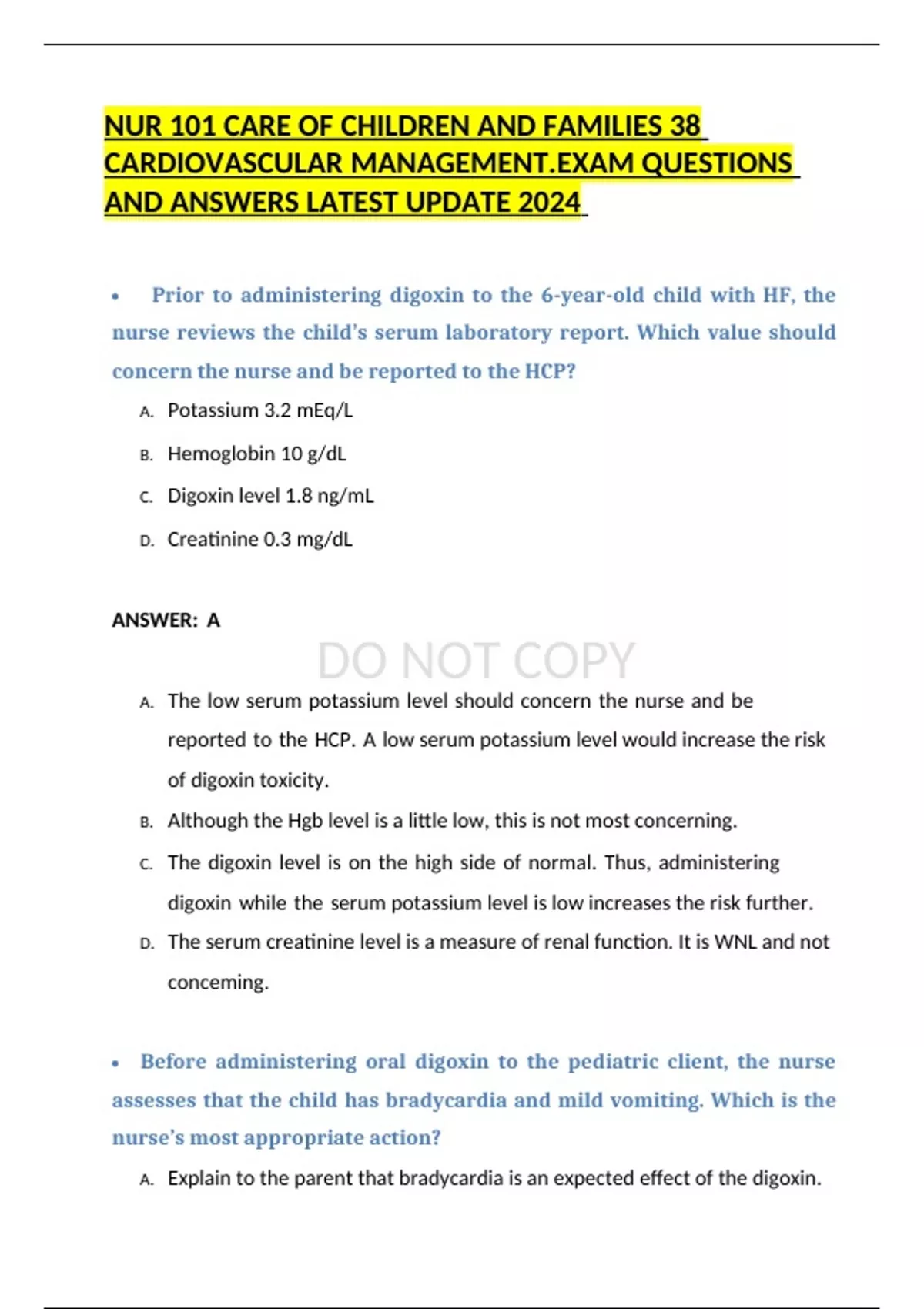 NUR 101 CARE OF CHILDREN AND FAMILIES 38 CARDIOVASCULAR MANAGEMENT.EXAM ...