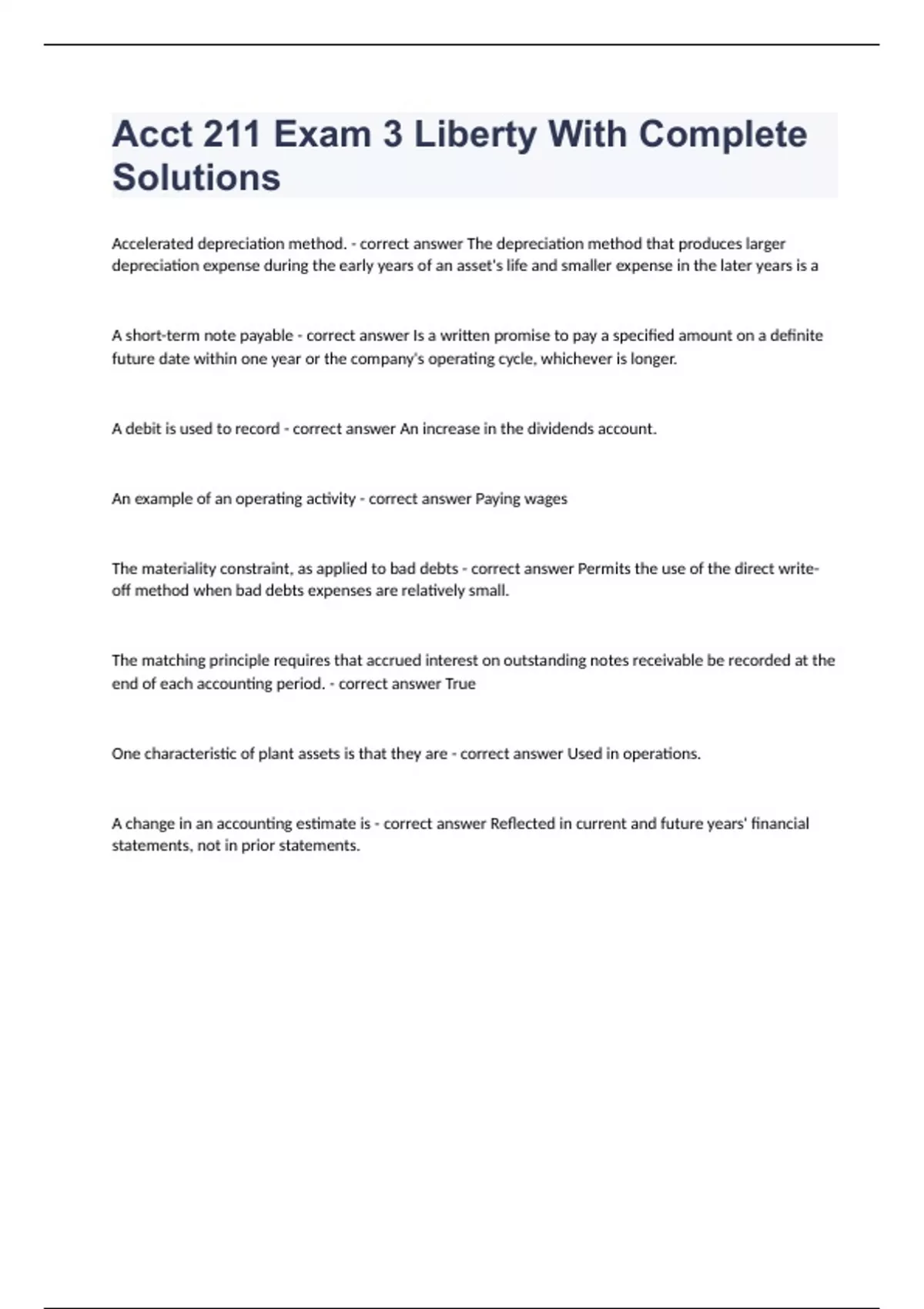 Acct 211 Exam 3 Liberty With Complete Solutions - ACCT 212 - Stuvia US