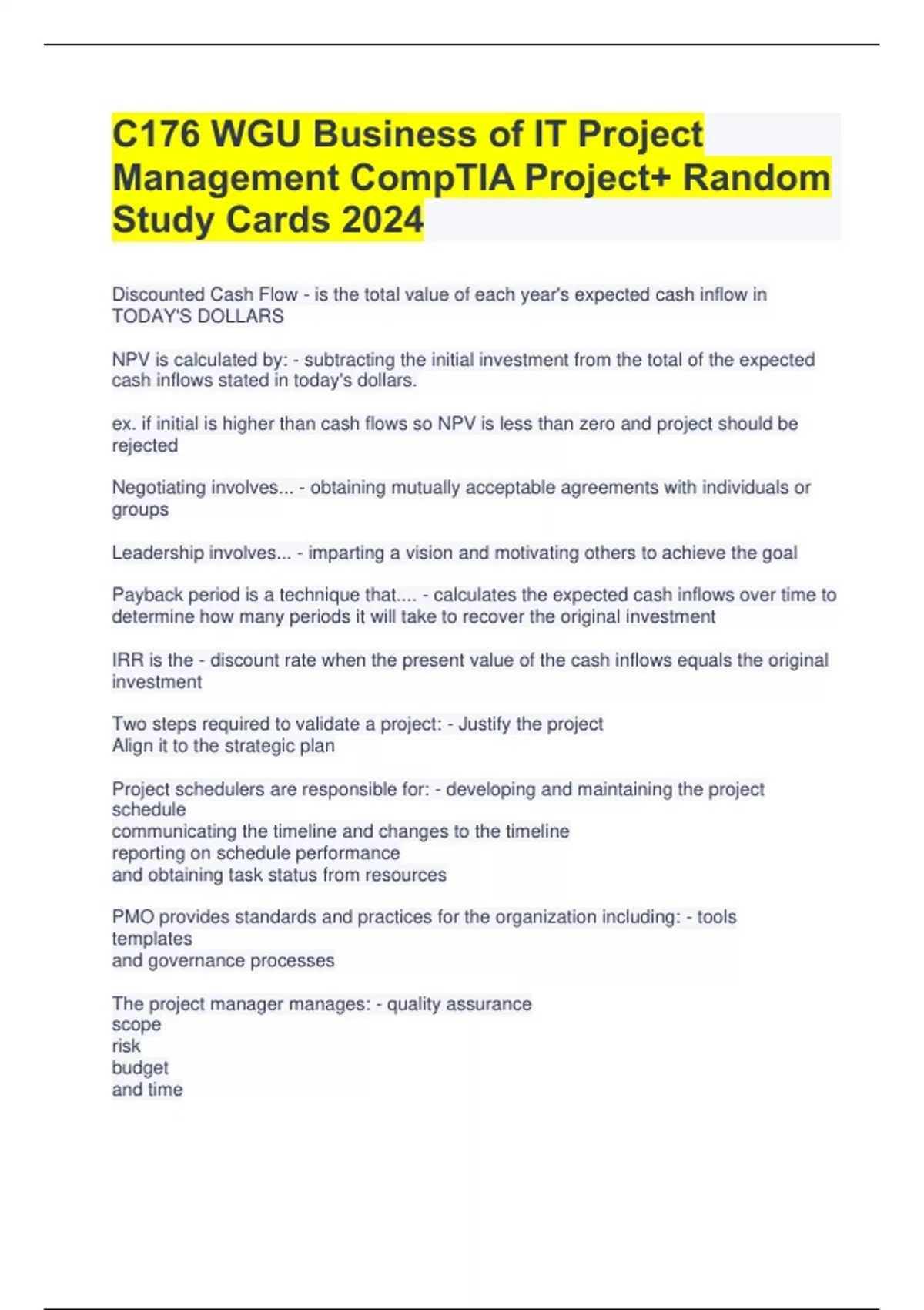 C176 WGU Business of IT Project Management CompTIA Project+ Random Study Cards 2024 - C176 WGU ...