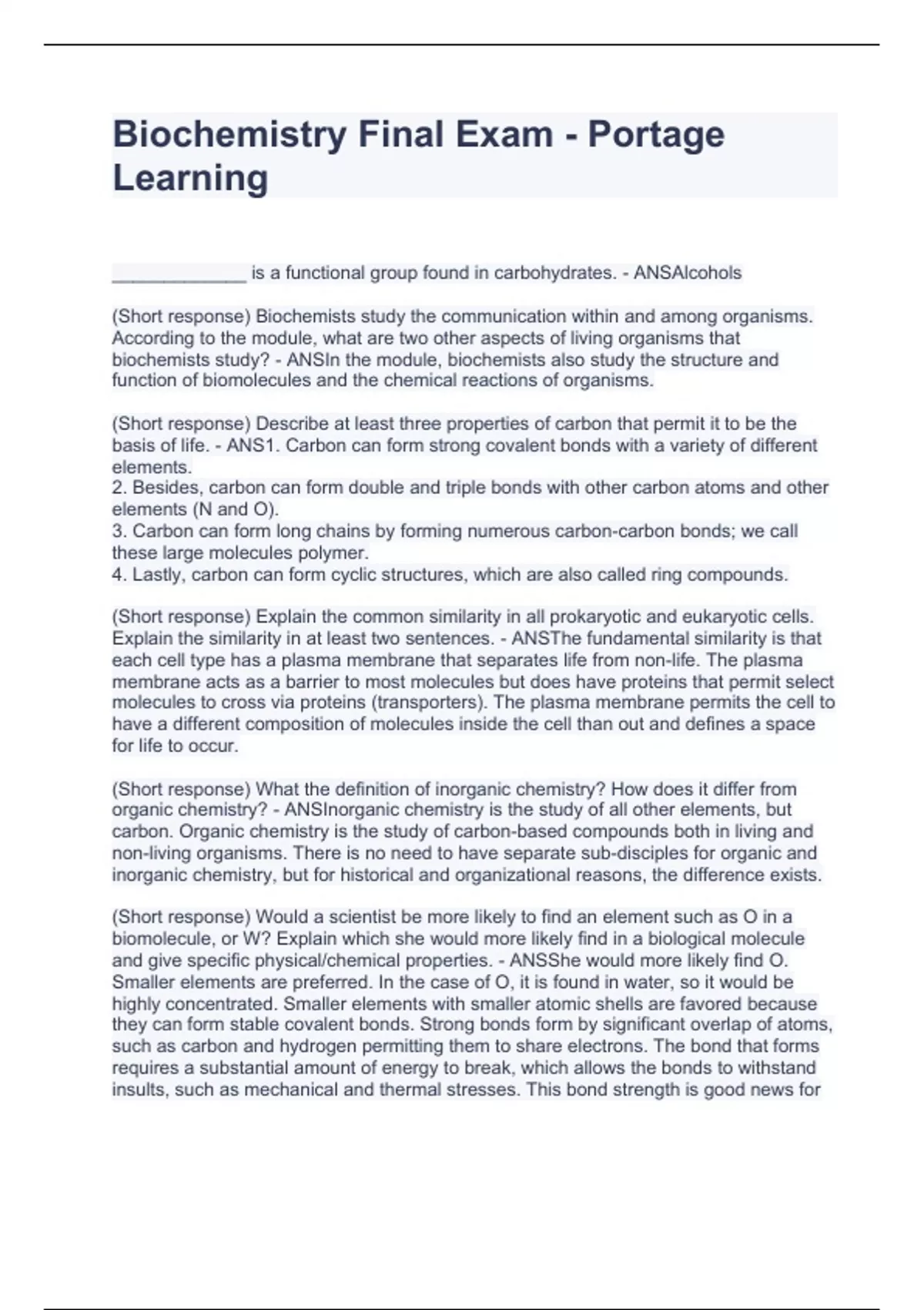 Biochemistry Final Exam PORTAGE.latest 2023/2024 graded a plus ...