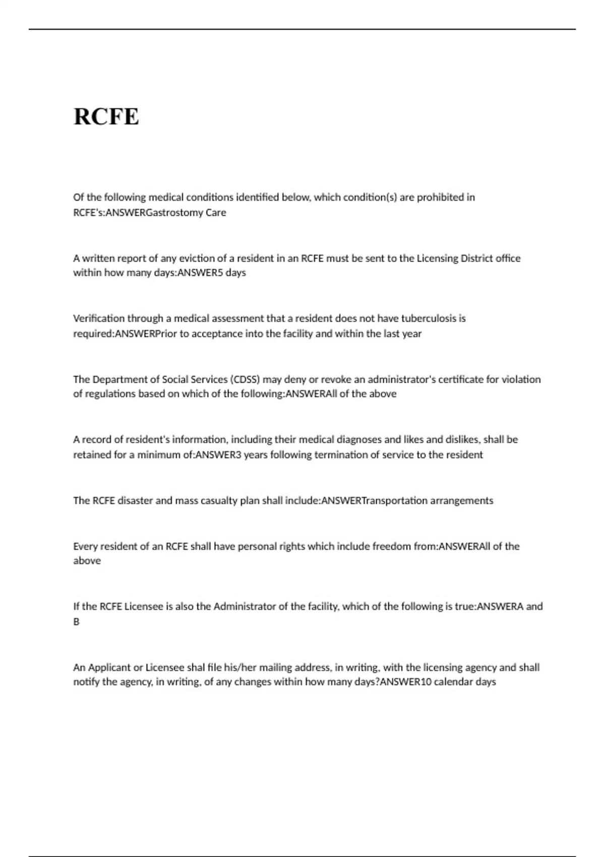 RCFE VERIFIED QUESTIONS AND ANSWERS 2024 LATEST EDITION - RCFE - Stuvia US