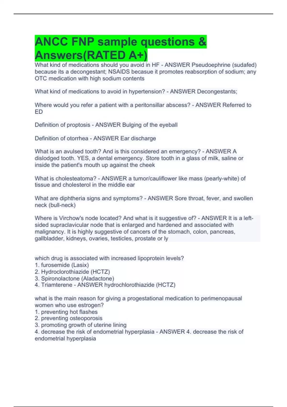 ANCC FNP sample questions & Answers(RATED A+) - ANCC FNP - Stuvia US