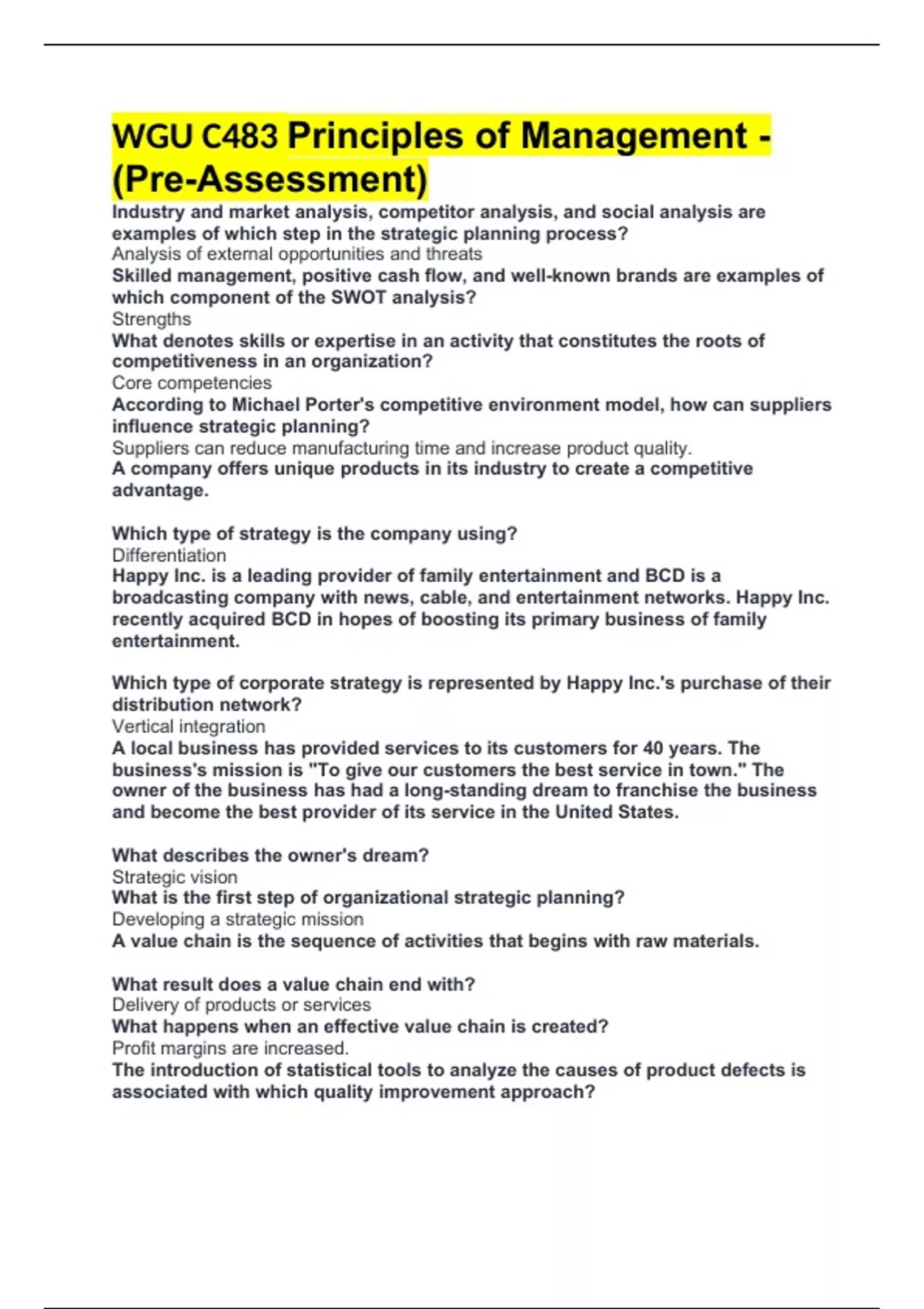 WGU C483 Principles of Management - (Pre-Assessment) - WGU C483 ...