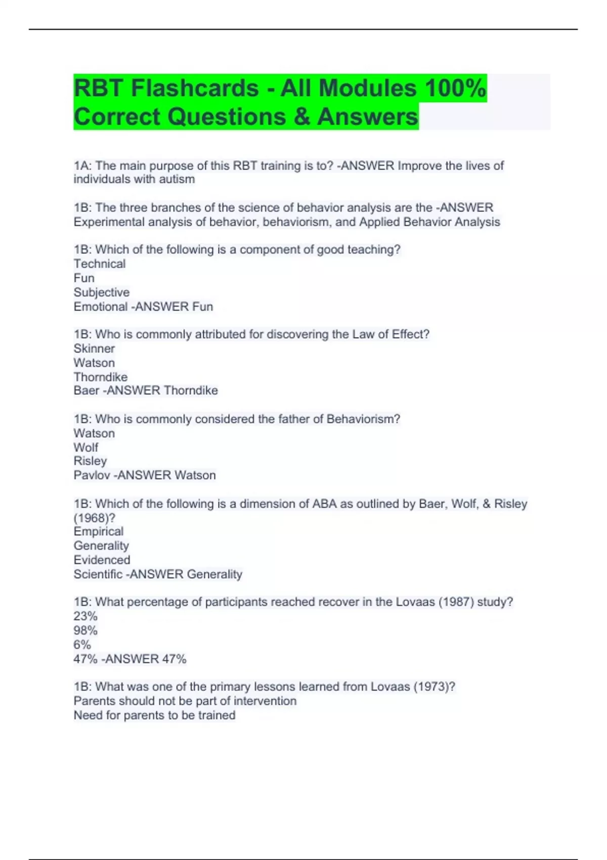 RBT Flashcards - All Modules 100% Correct Questions & Answers - RBT - Stuvia US