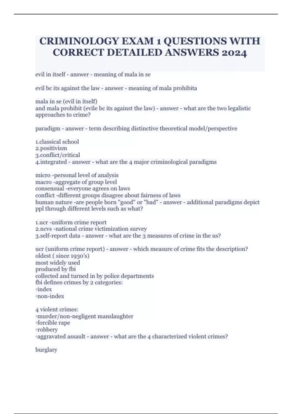 CRIMINOLOGY EXAM 1 QUESTIONS WITH CORRECT DETAILED ANSWERS 2024 ...