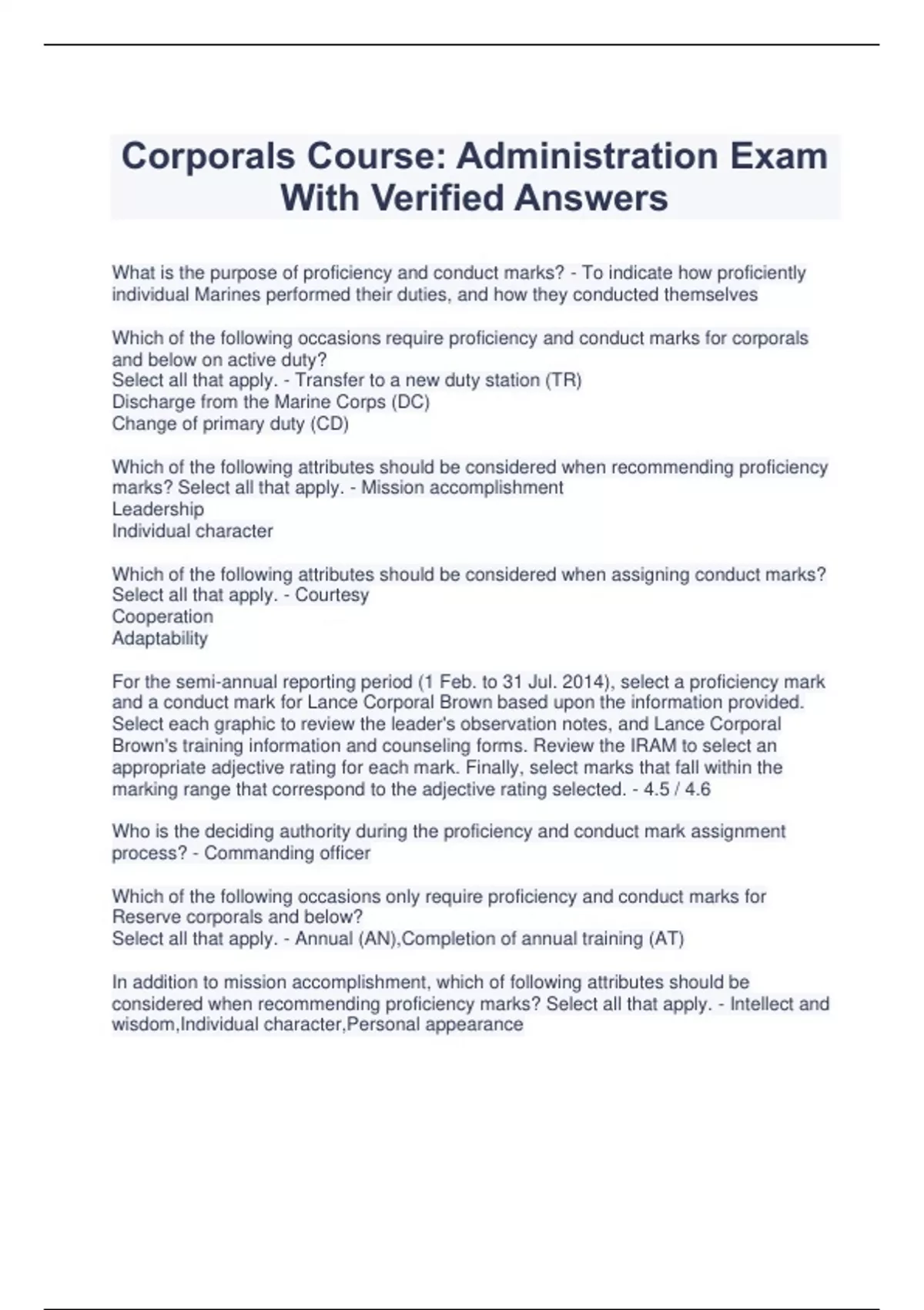 Corporals Course Administration Exam With Verified Answers Corporals Course Stuvia Us