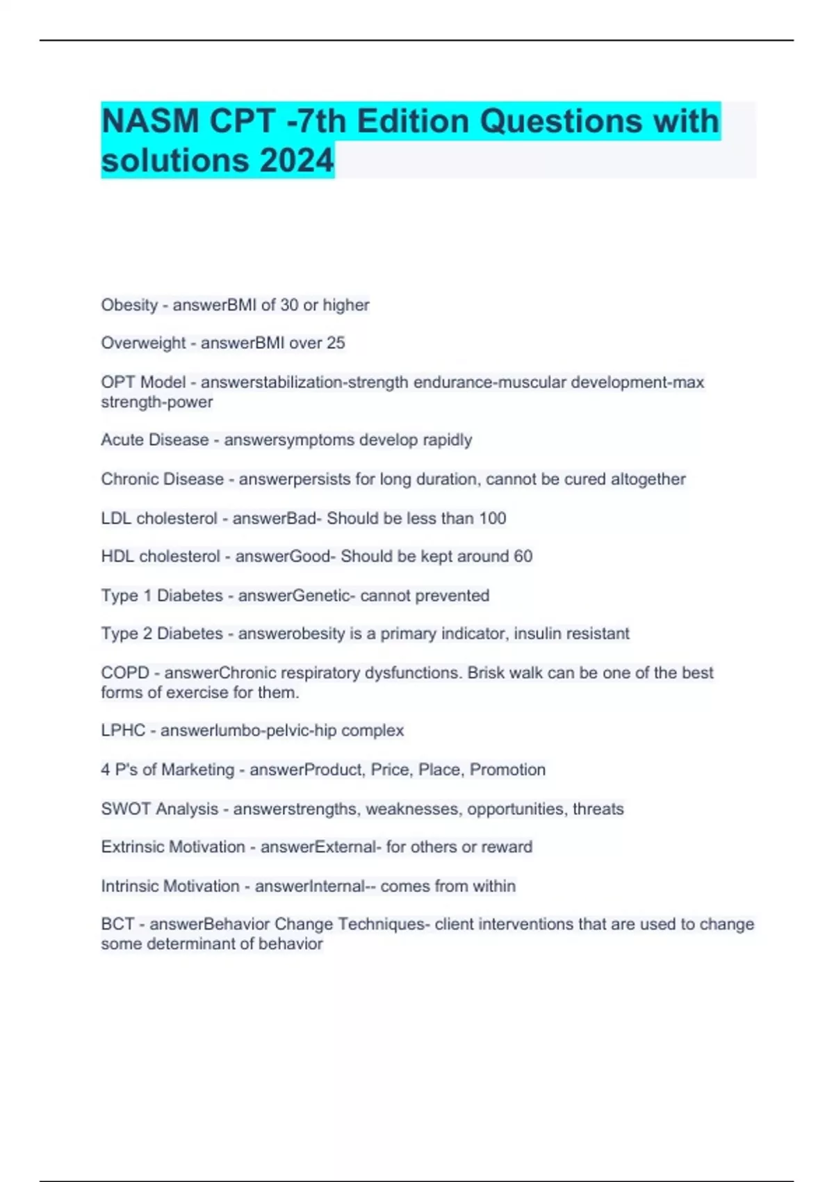 NASM CPT -7th Edition Questions with solutions 2024 - Nasm - Stuvia US