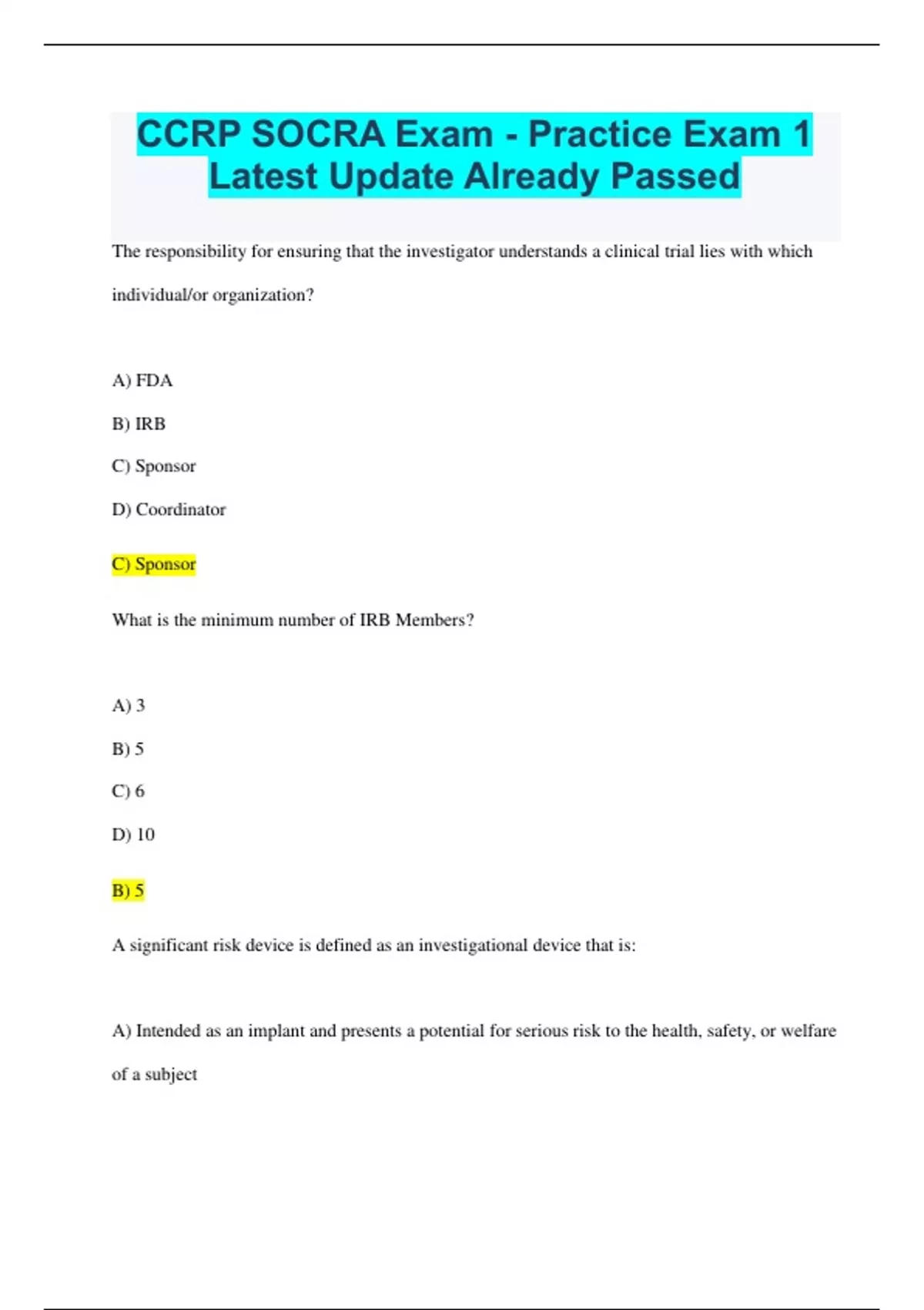 CCRP SOCRA Exam - Practice Exam 1 Latest Update Already Passed - CCRP ...