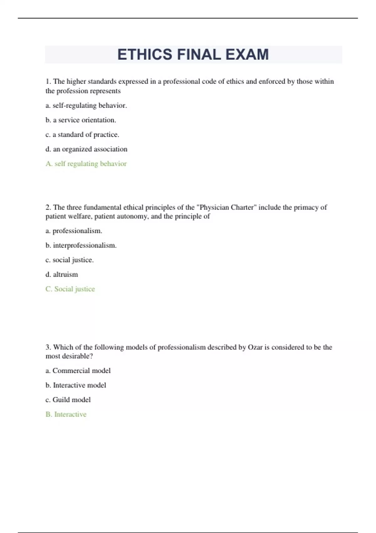 ETHC 445 PRINCIPLES OF ETHICS FINAL EXAM QUESTIONS WITH CORRECT ANSWERS - ETHC 445 PRINCIPLES OF ...