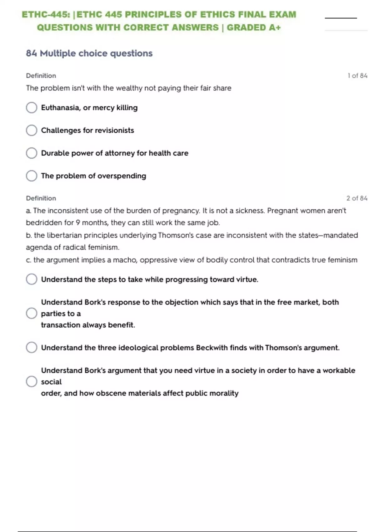 ETHC 445 PRINCIPLES OF ETHICS FINAL EXAM 2 QUESTIONS WITH CORRECT ...