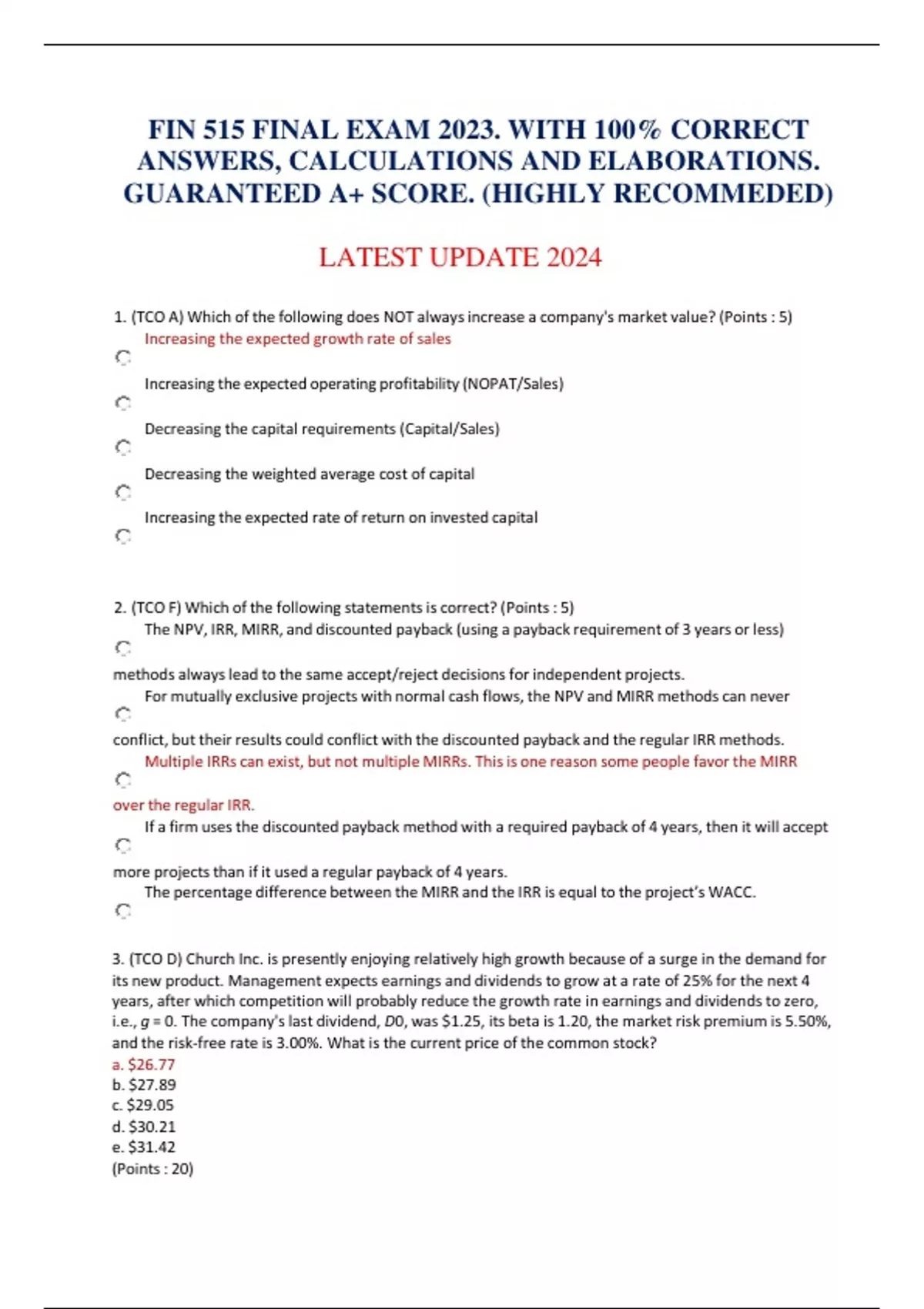FIN 515 FINAL EXAM 2023. WITH 100% CORRECT ANSWERS, CALCULATIONS AND ELABORATIONS. GUARANTEED A+ ...