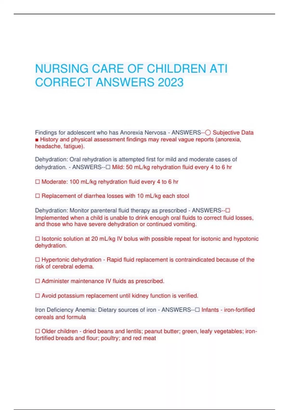 NURSING CARE OF CHILDREN ATI CORRECT ANSWERS 2023 - Nursing care of ...