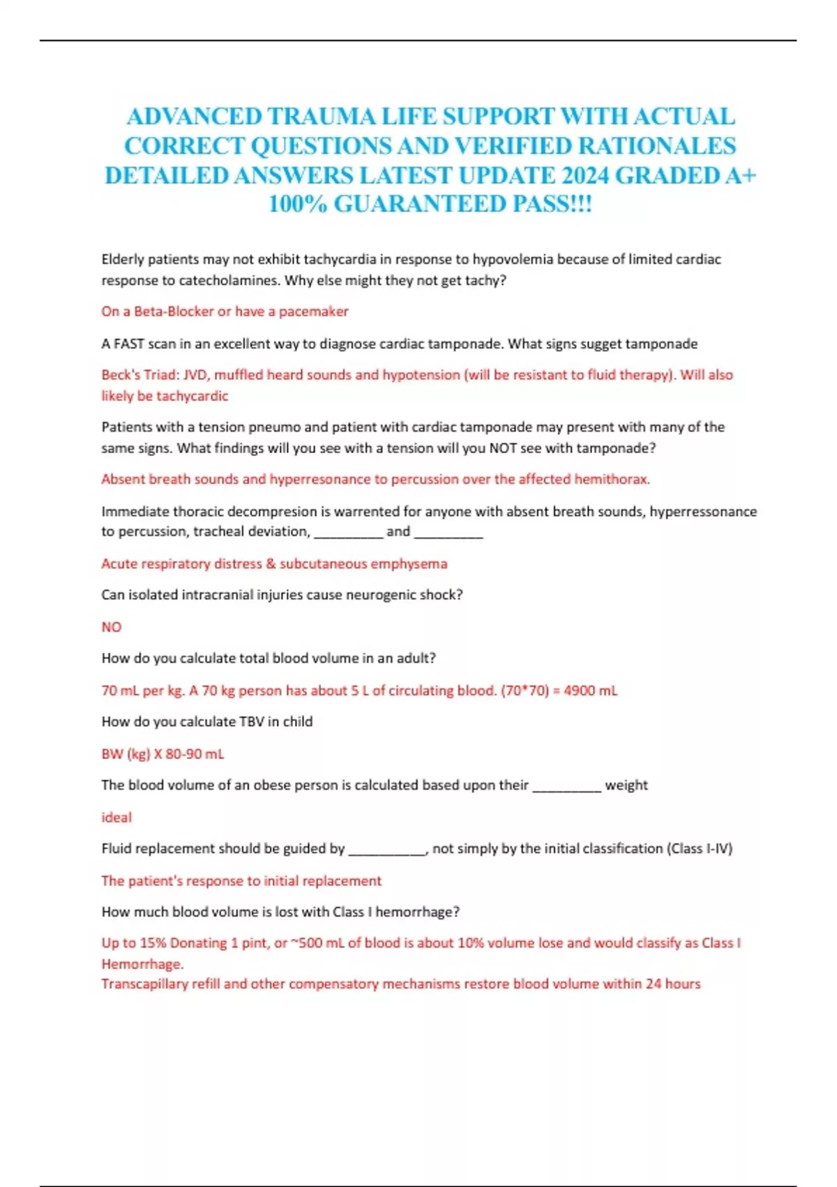 ADVANCED TRAUMA LIFE SUPPORT WITH ACTUAL CORRECT QUESTIONS AND VERIFIED ...