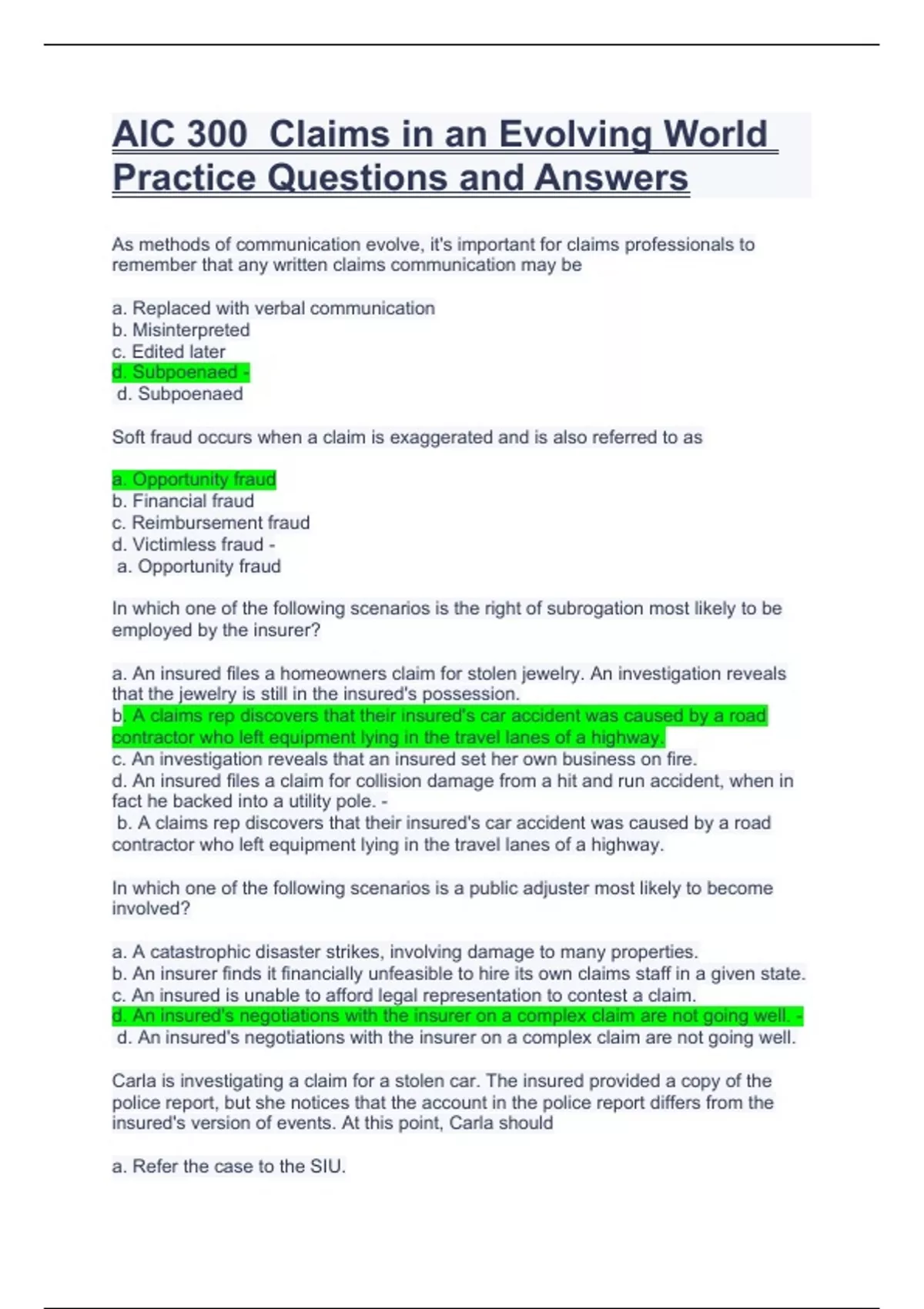 AIC 300 Claims in an Evolving World Practice Questions and Answers ...