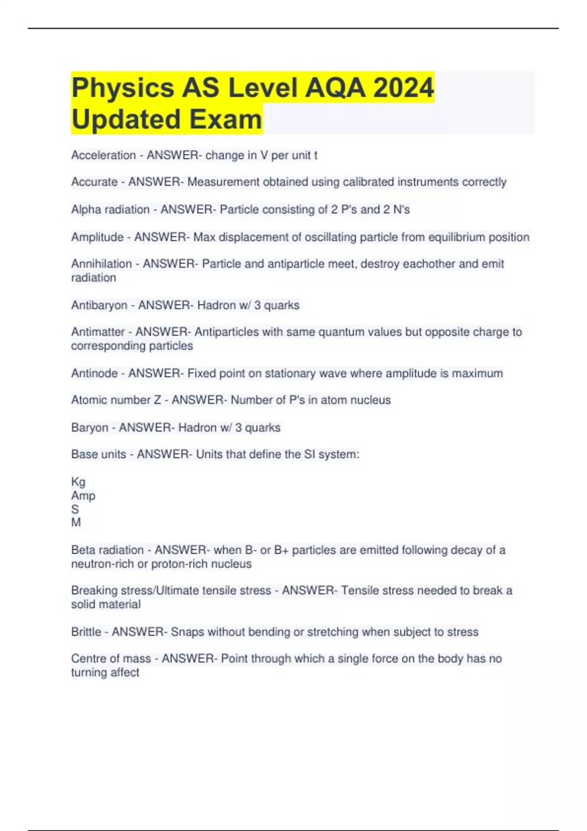 Physics AS Level AQA 2024 Updated Exam - AQA Physics AS - Stuvia US