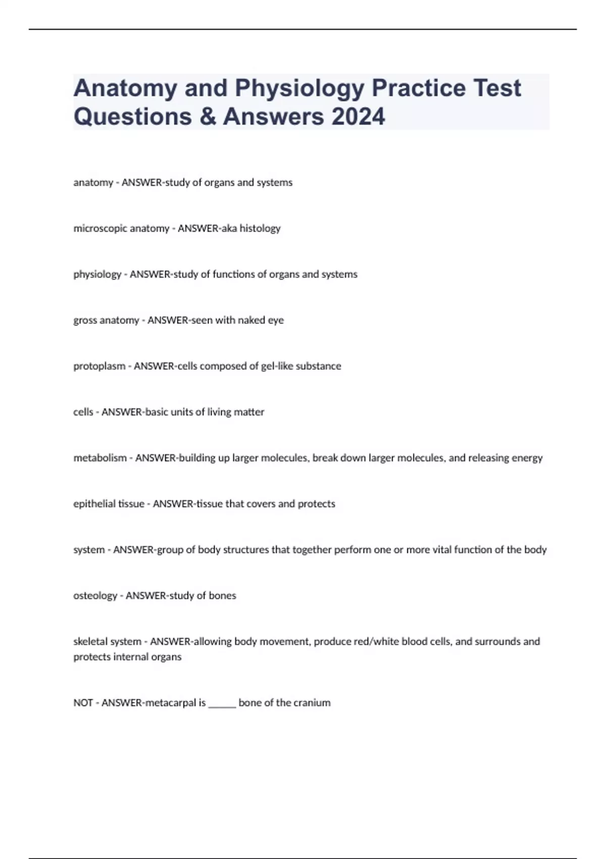 Anatomy and Physiology Practice Test Questions & Answers 2024 - Anatomy ...