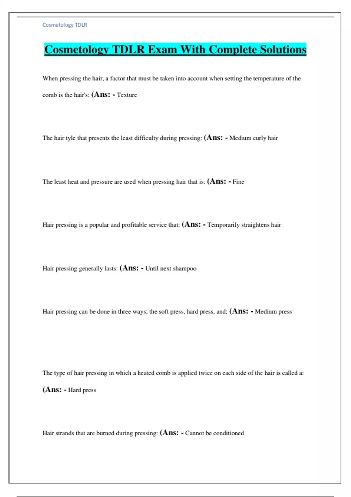 Cosmetology TDLR Exam With Complete Solutions - Cosmetology TDLR ...