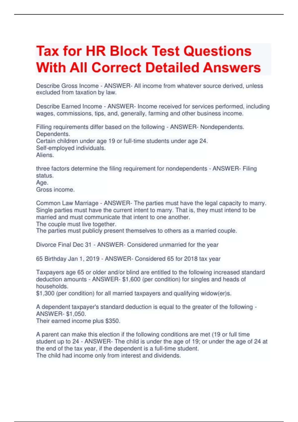 Tax for HR Block Test Questions With All Correct Detailed Answers - Tax ...