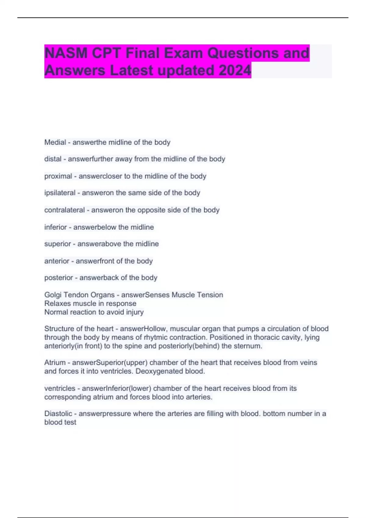 NASM CPT Final Exam Questions and Answers Latest updated 2024 - Nasm ...