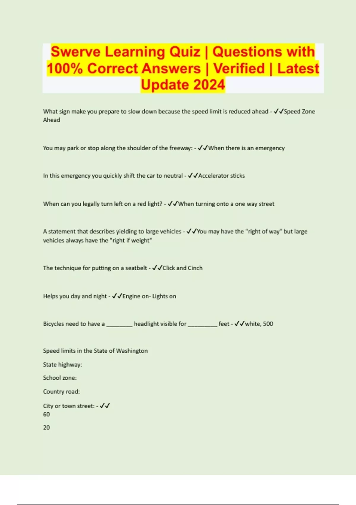 Swerve Learning Quiz | Questions with 100% Correct Answers | Verified ...