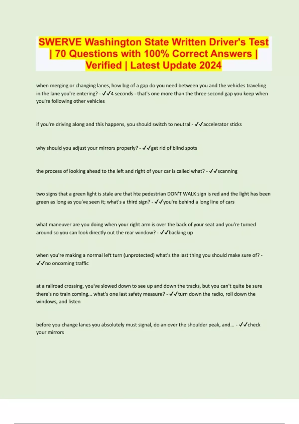 SWERVE Washington State Written Driver's Test | 70 Questions with 100% ...
