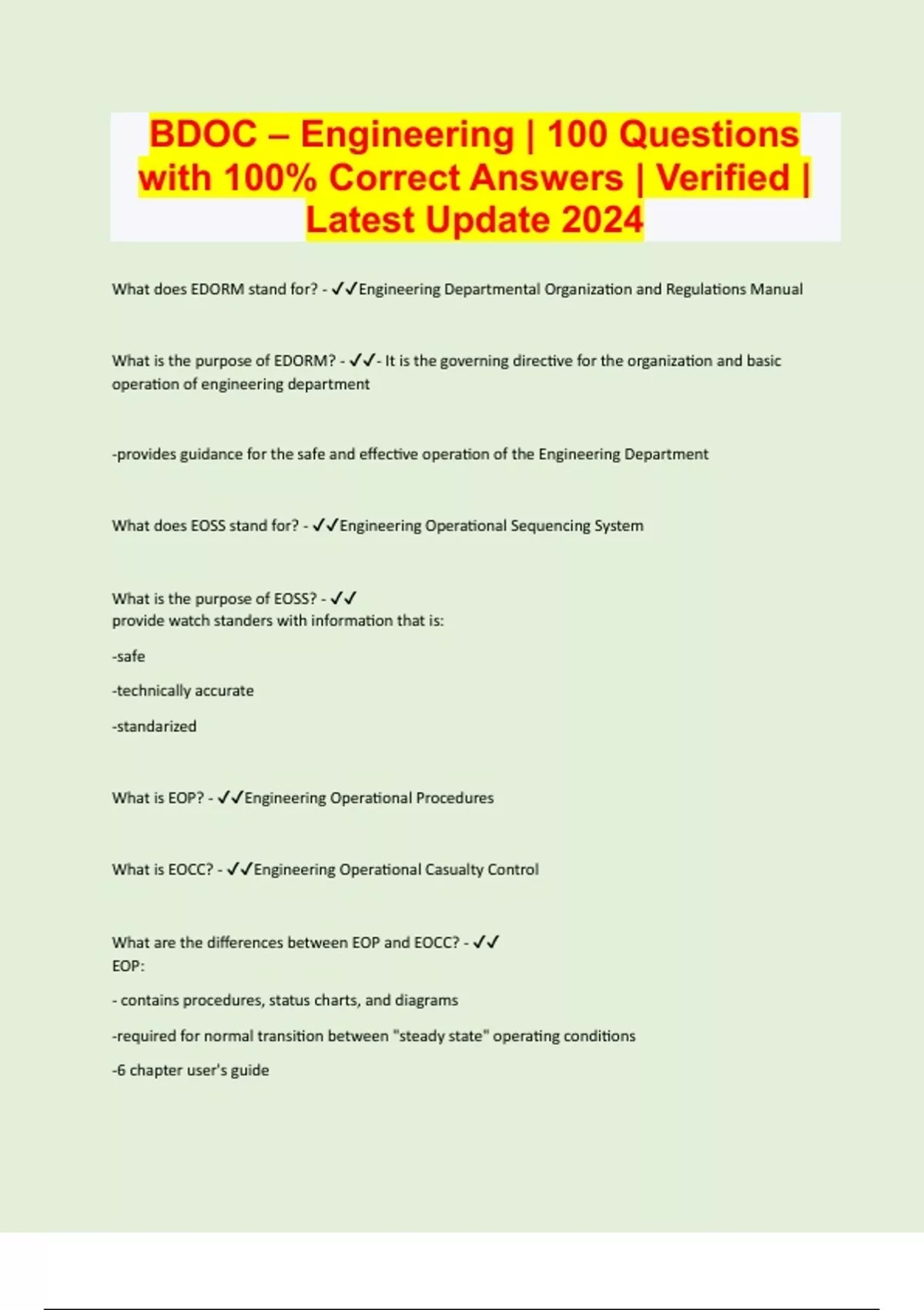 BDOC – Engineering | 100 Questions with 100% Correct Answers | Verified ...