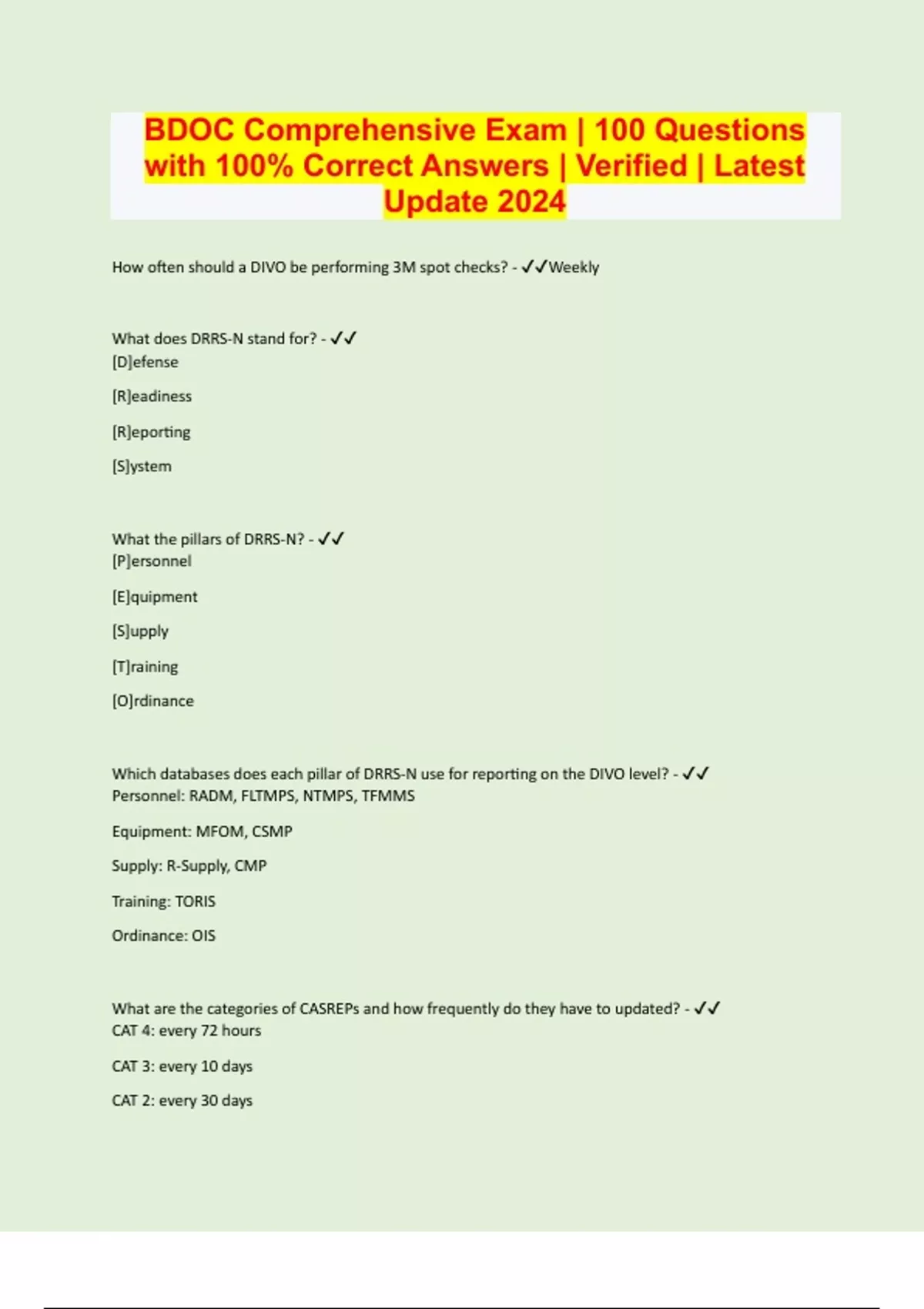 BDOC Comprehensive Exam | 100 Questions with 100% Correct Answers ...
