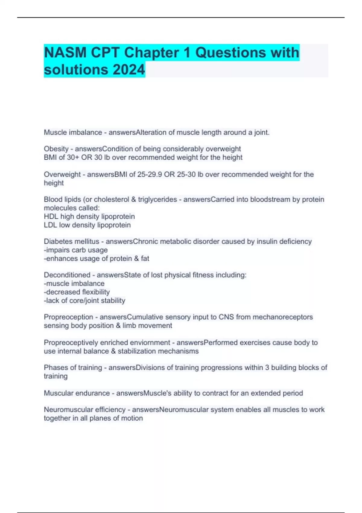 NASM CPT Chapter 1 Questions with solutions 2024 - Nasm - Stuvia US