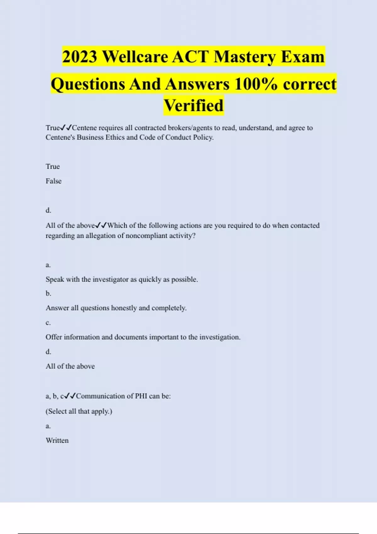 2023 Wellcare ACT Mastery Exam Questions And Answers 100% correct ...